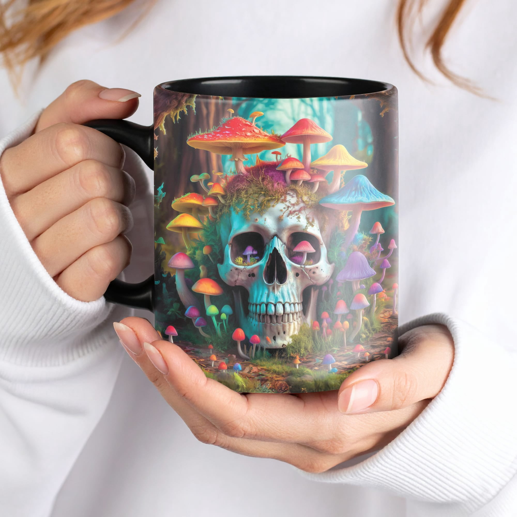 Lotusprinthandmade Skull with Mushroom Graphic Black Ceramic Mug (15oz ...