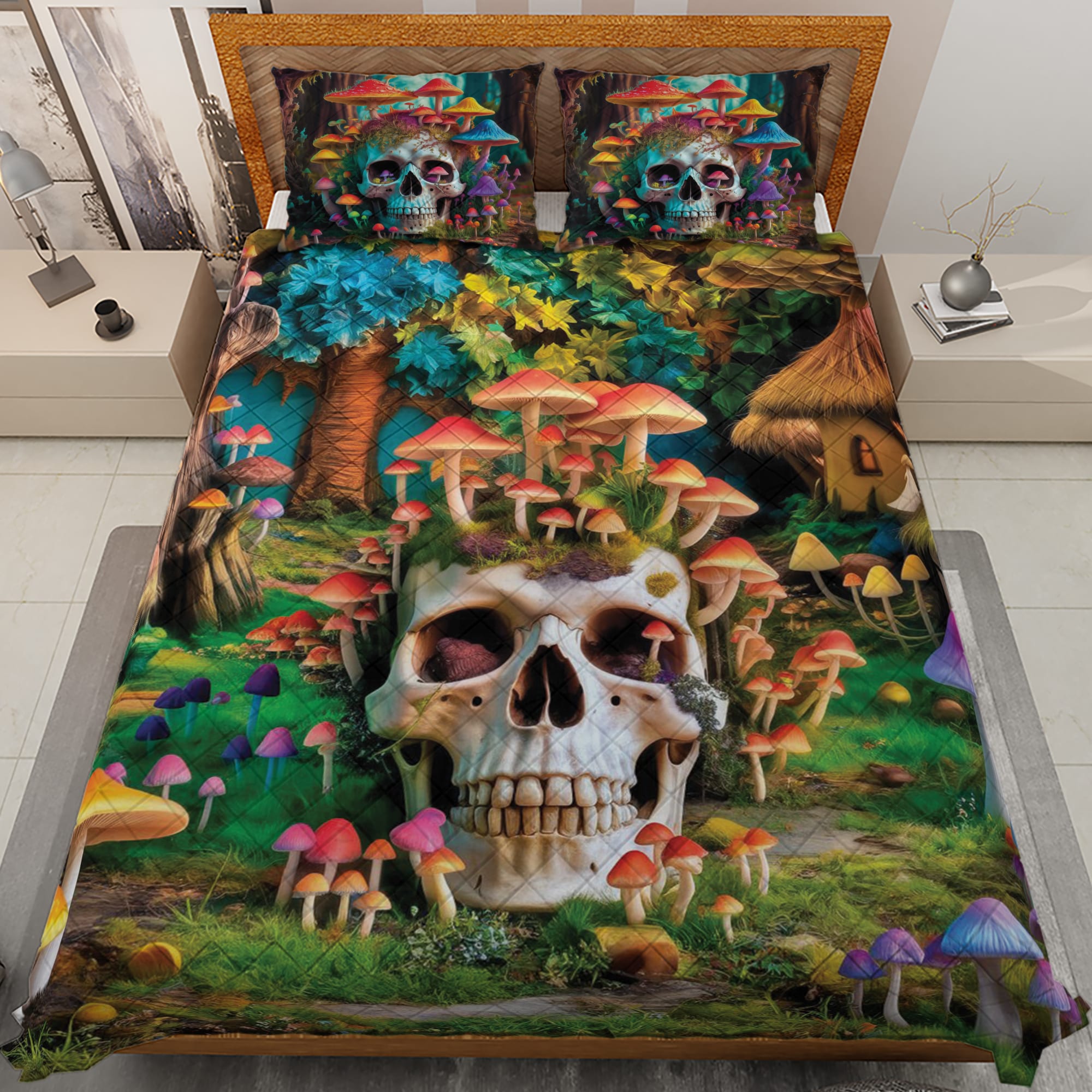 Lotusprinthandmade Skull with Mushroom Graphic Quilt Bedding Set (White ...