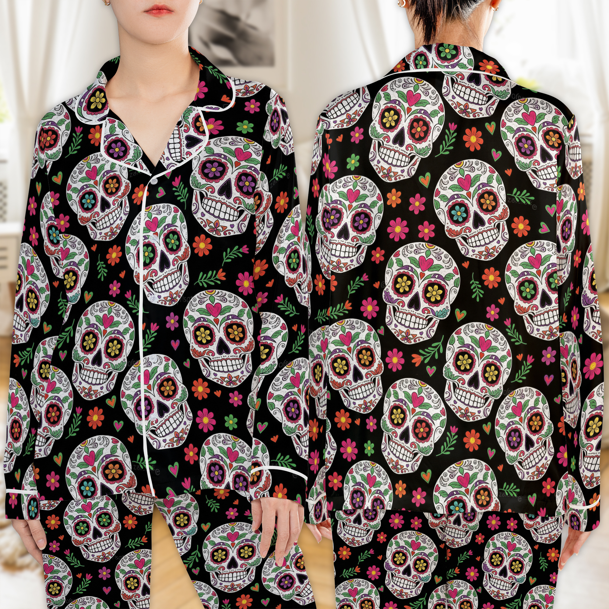 Lotusprinthandmade Sugar Skull All-over Print Satin Pajamas Set (No ...