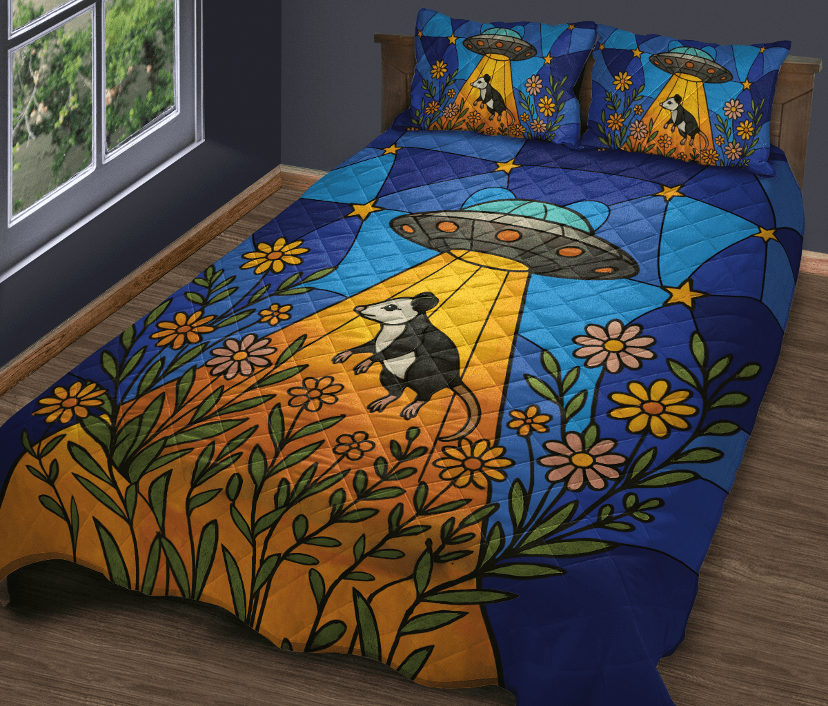 Lotusprinthandmade UFO and Opossum Floral Quilt Bedding Set (White ...
