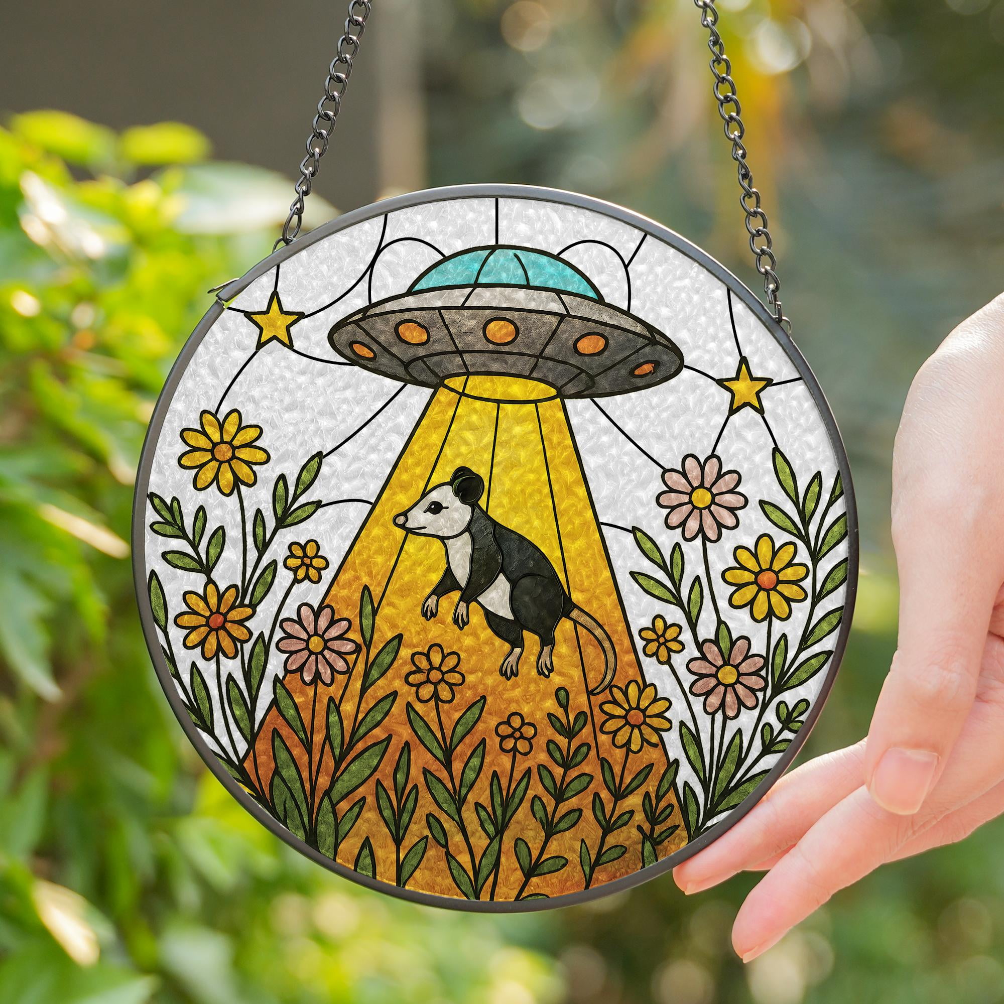 Lotusprinthandmade UFO and Opossum Floral Stained Glass Suncatcher for ...