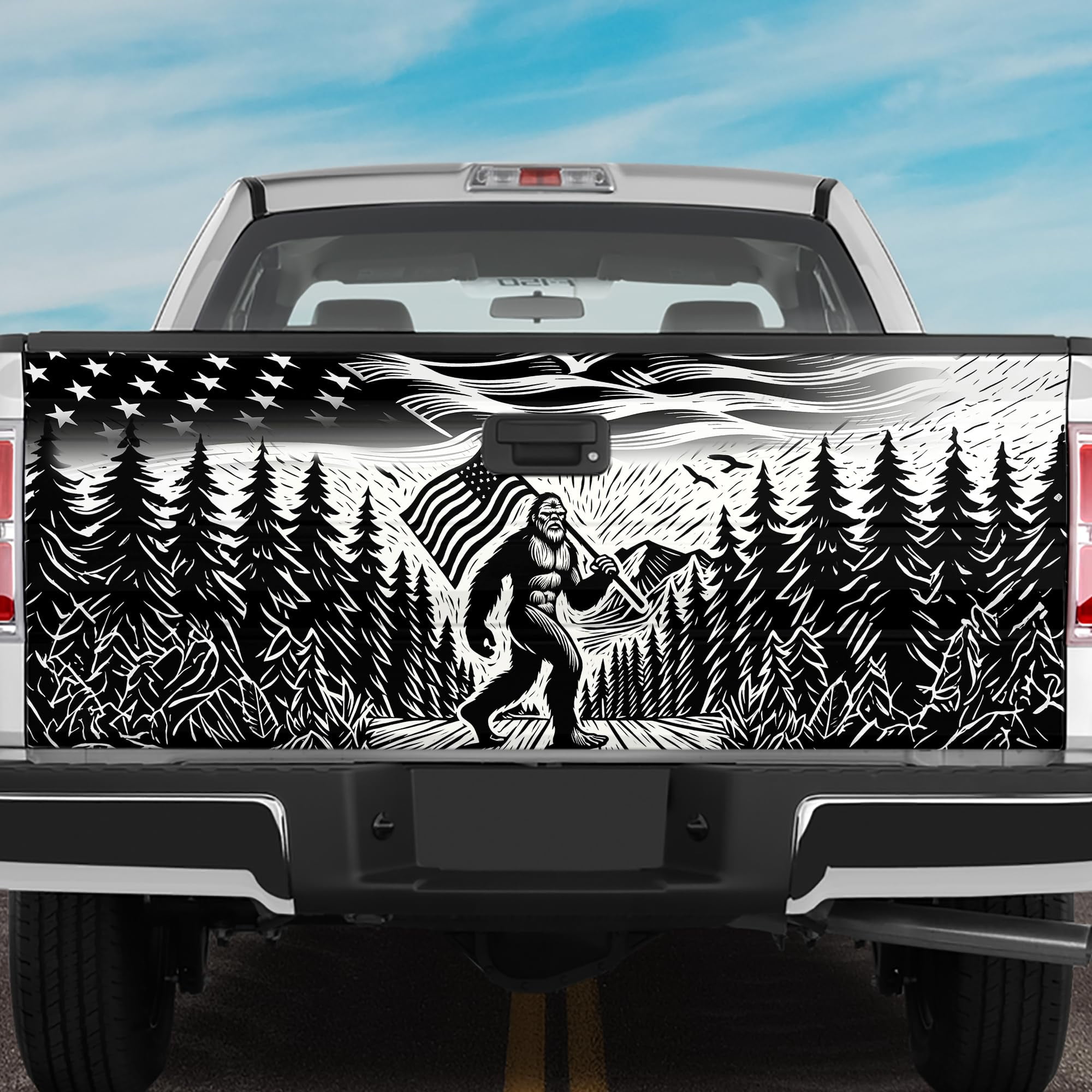 Lotusprinthandmade US Flag Bigfoot Mountain Camping Truck Tailgate ...