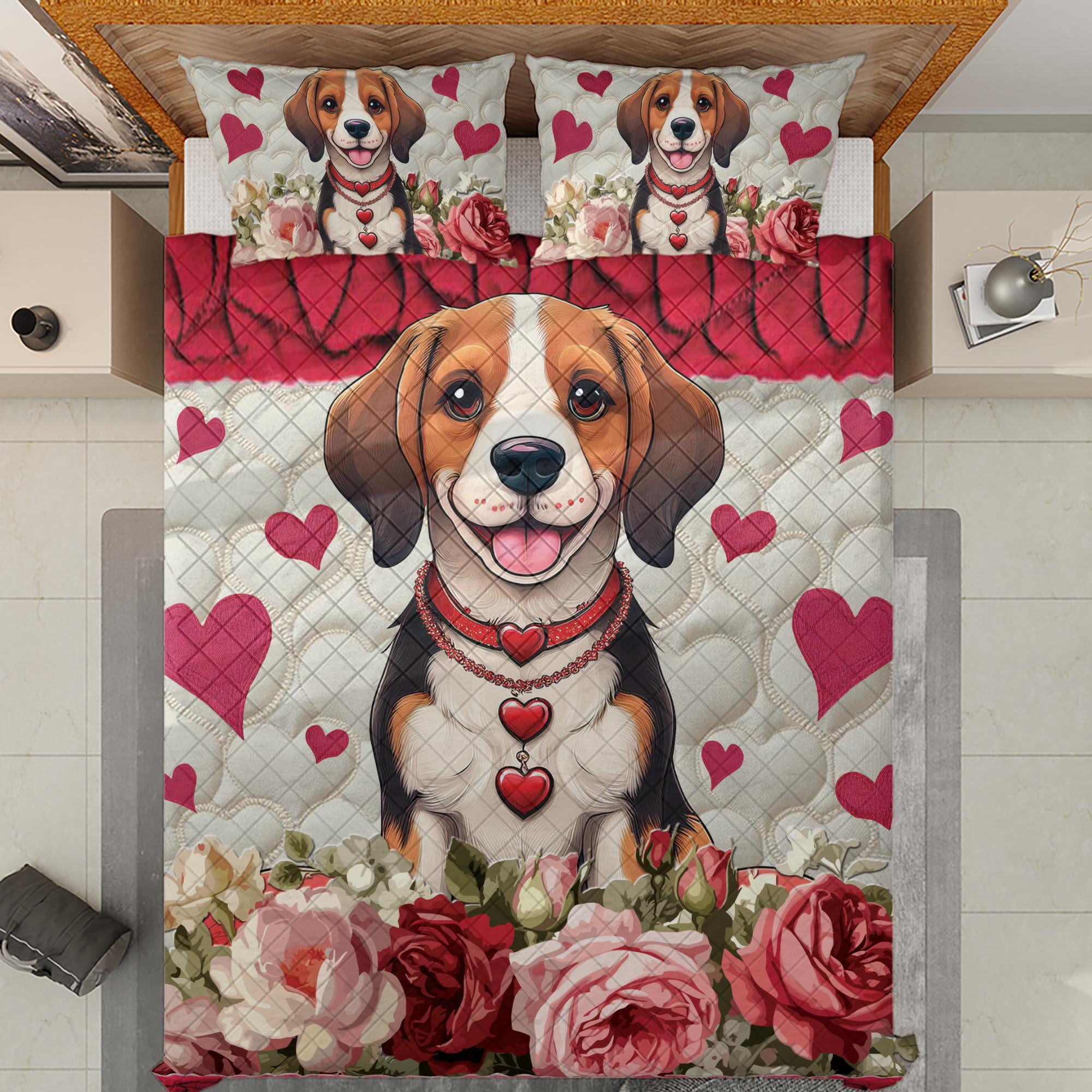 Lotusprinthandmade Valentine's Day Beagle Quilt Bedding Set (White ...