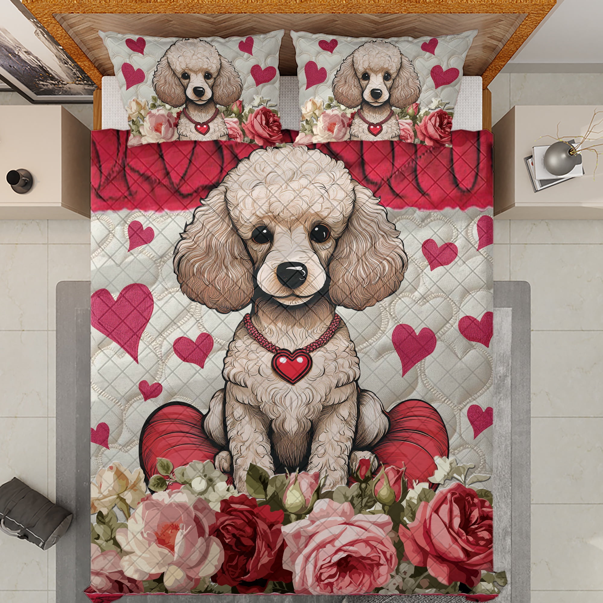 Lotusprinthandmade Valentine's Day Poodle Quilt Bedding Set (White ...