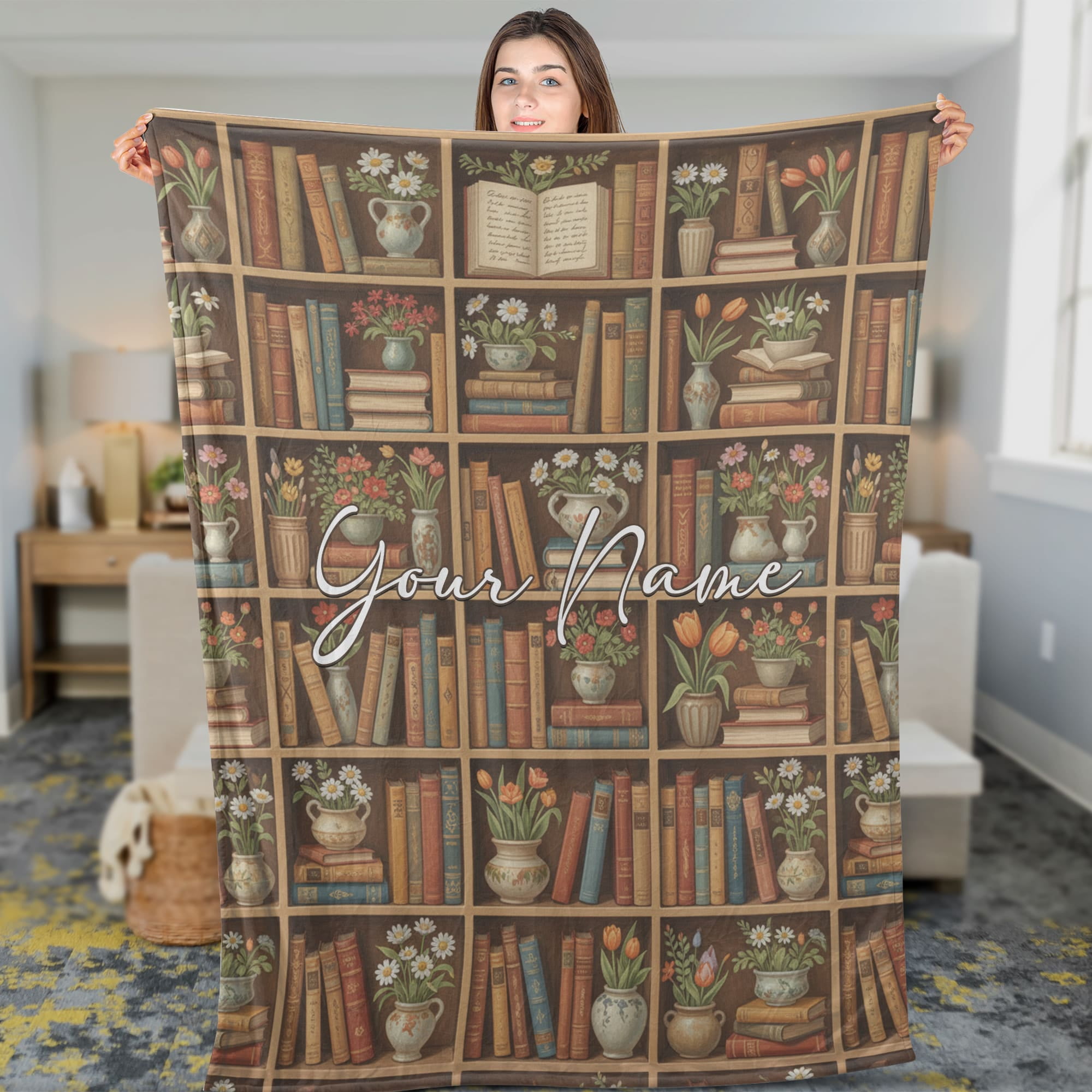 Lotusprinthandmade Vintage Bookshelf Library Fleece Blanket 2 Sizes (Made in US) (60"x50 ...
