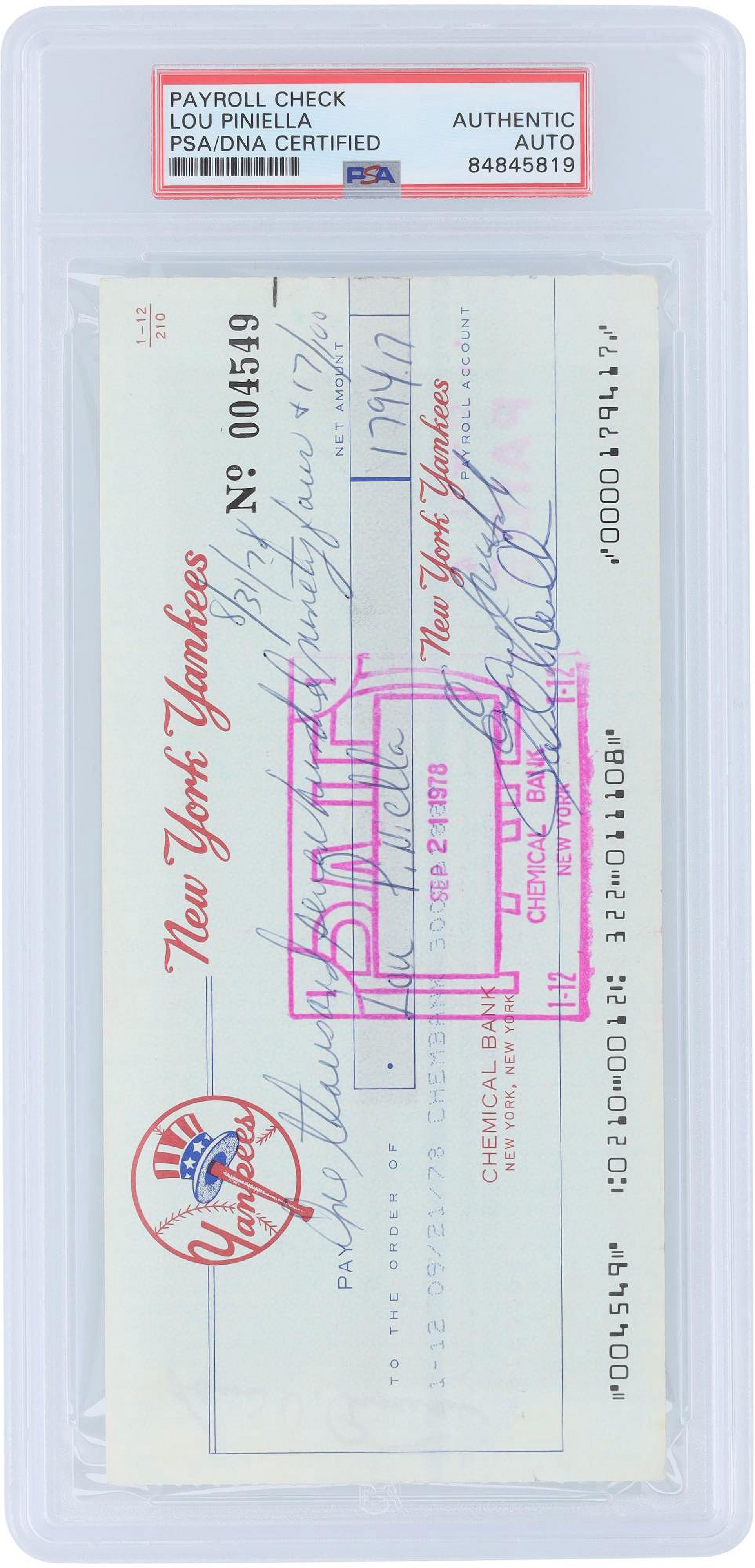 Lou Piniella New York Yankees Autographed Check from August 31, 1978 ...