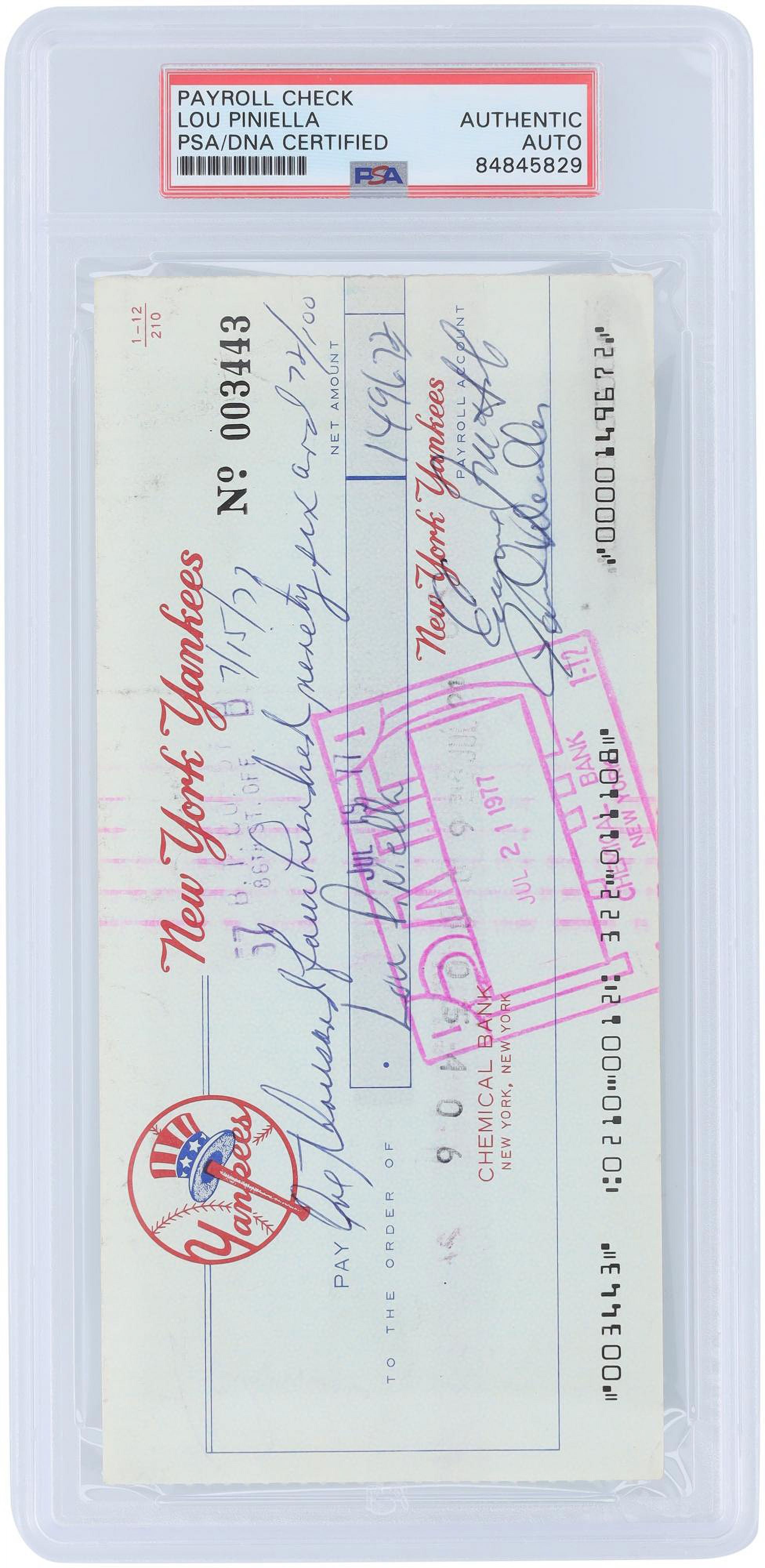 Lou Piniella New York Yankees Autographed Check from July 15, 1977 ...