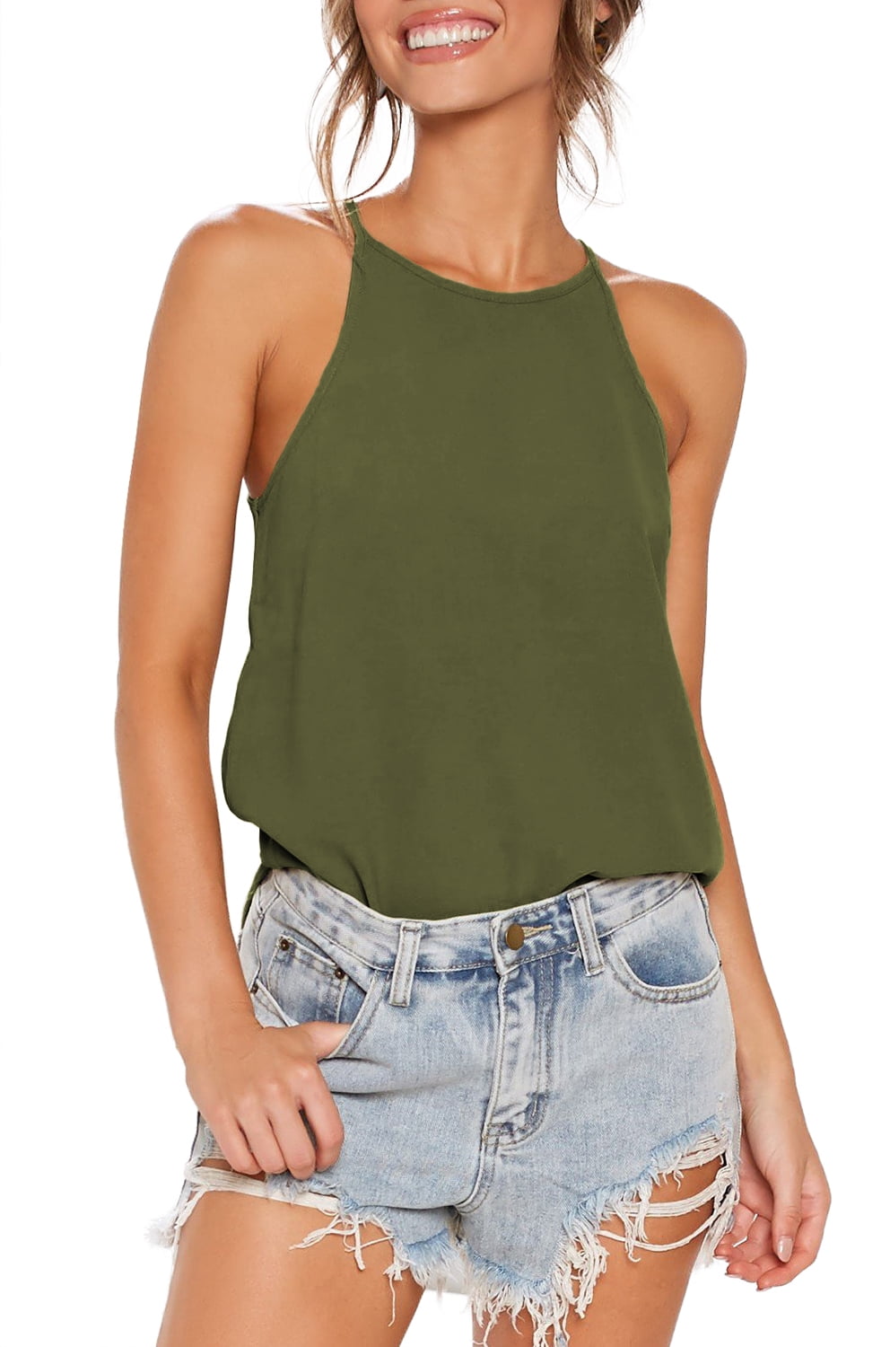 LouKeith Women’s Tank Tops Sleeveless Halter Summer Shirts Olive M ...