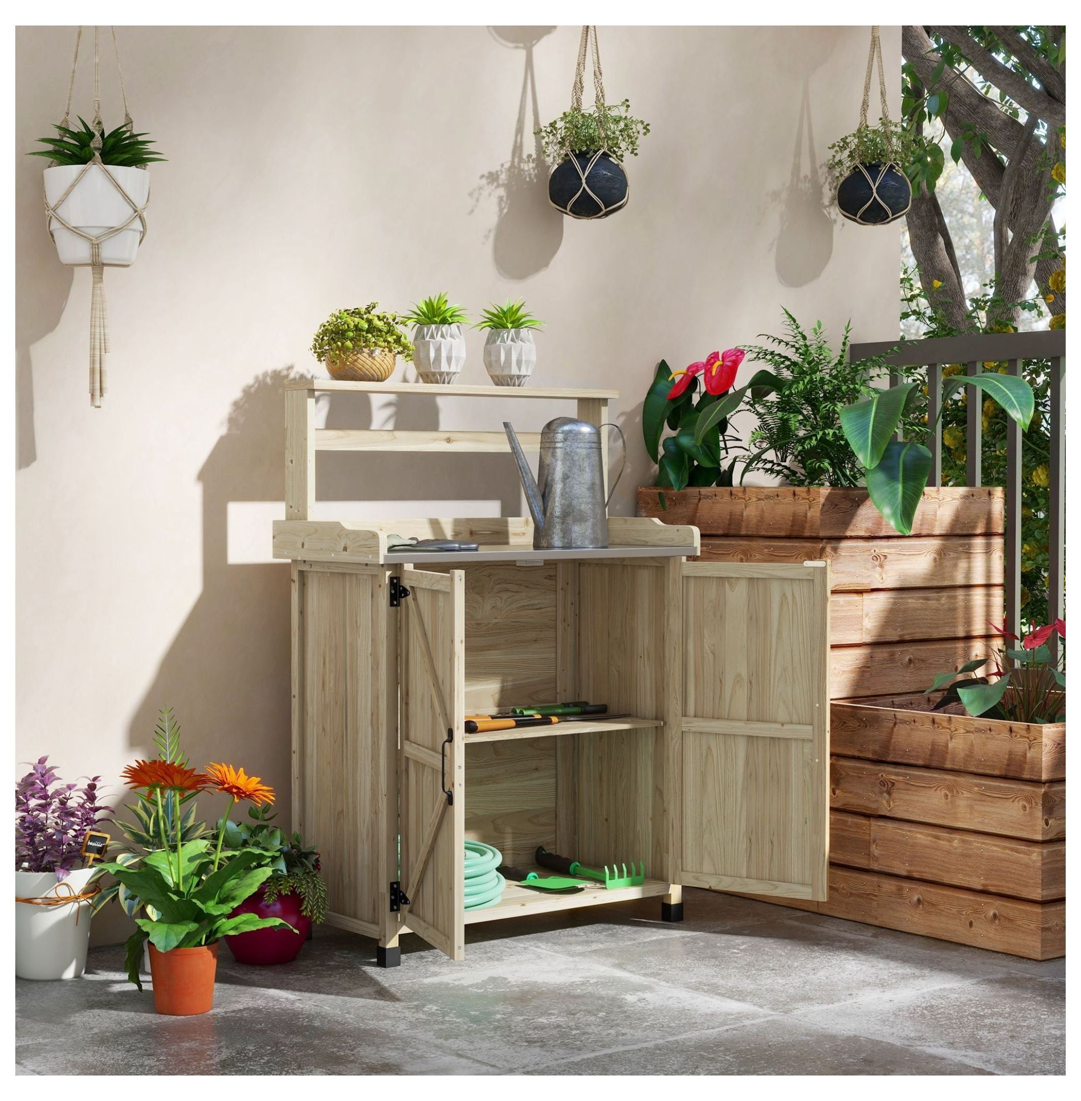LouZub Garden Potting Bench with Storage, Galvanized Tabletop, Outdoor ...