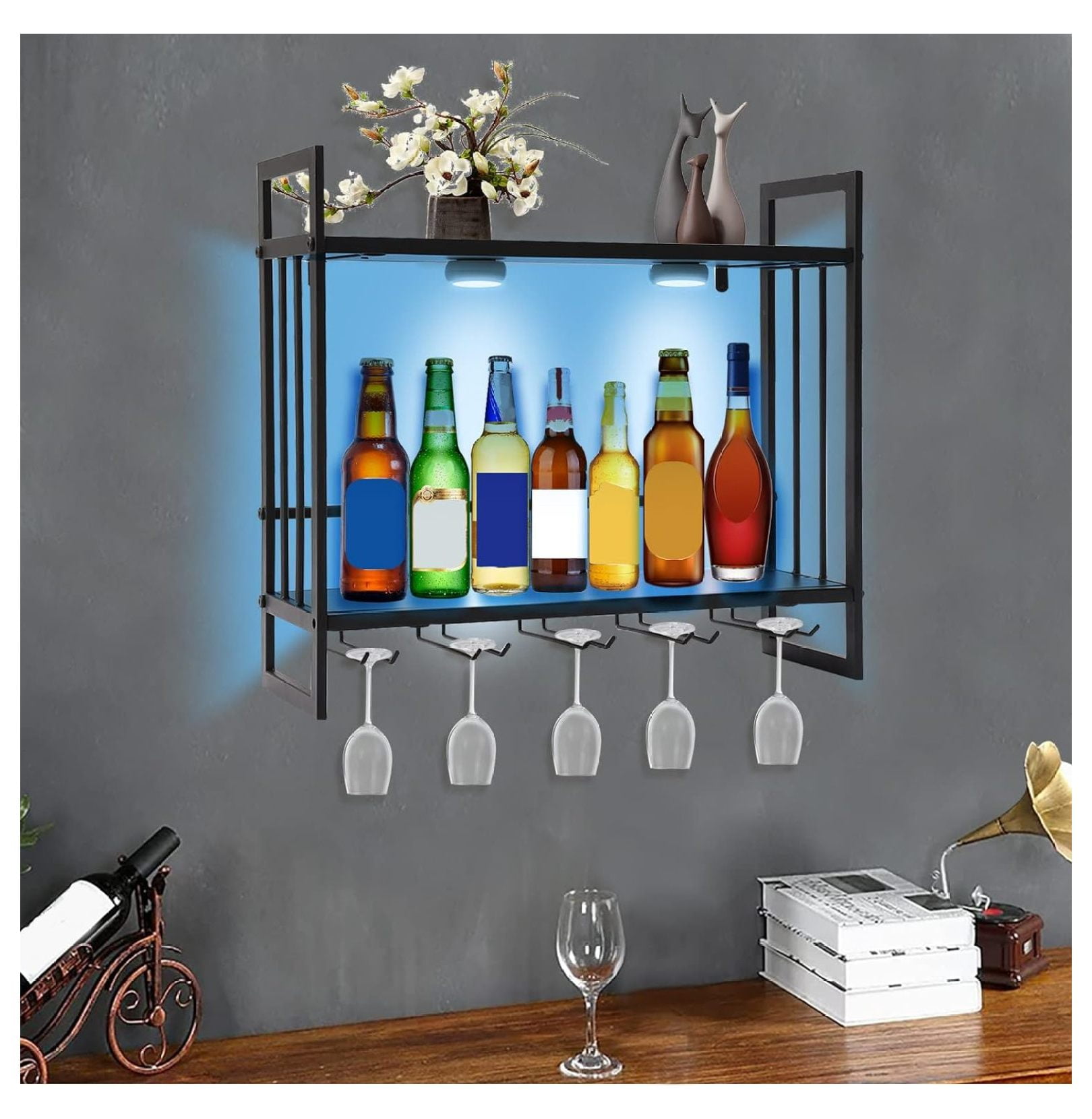 LouZub Wall Mounted LED Wine Rack, Wine Bottle Rack, Metal Hanging Wine ...