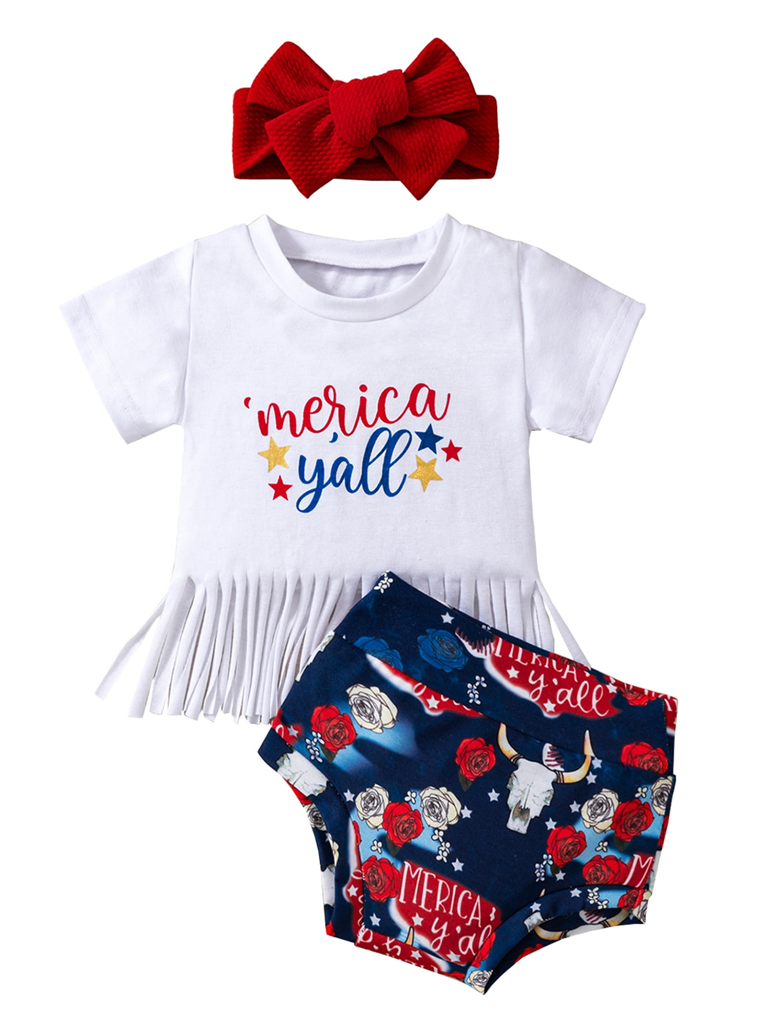 Louatui 4th of July Baby Girls Outfits Summer Letter Print Short Sleeve Tassel T-Shirt Floral ...