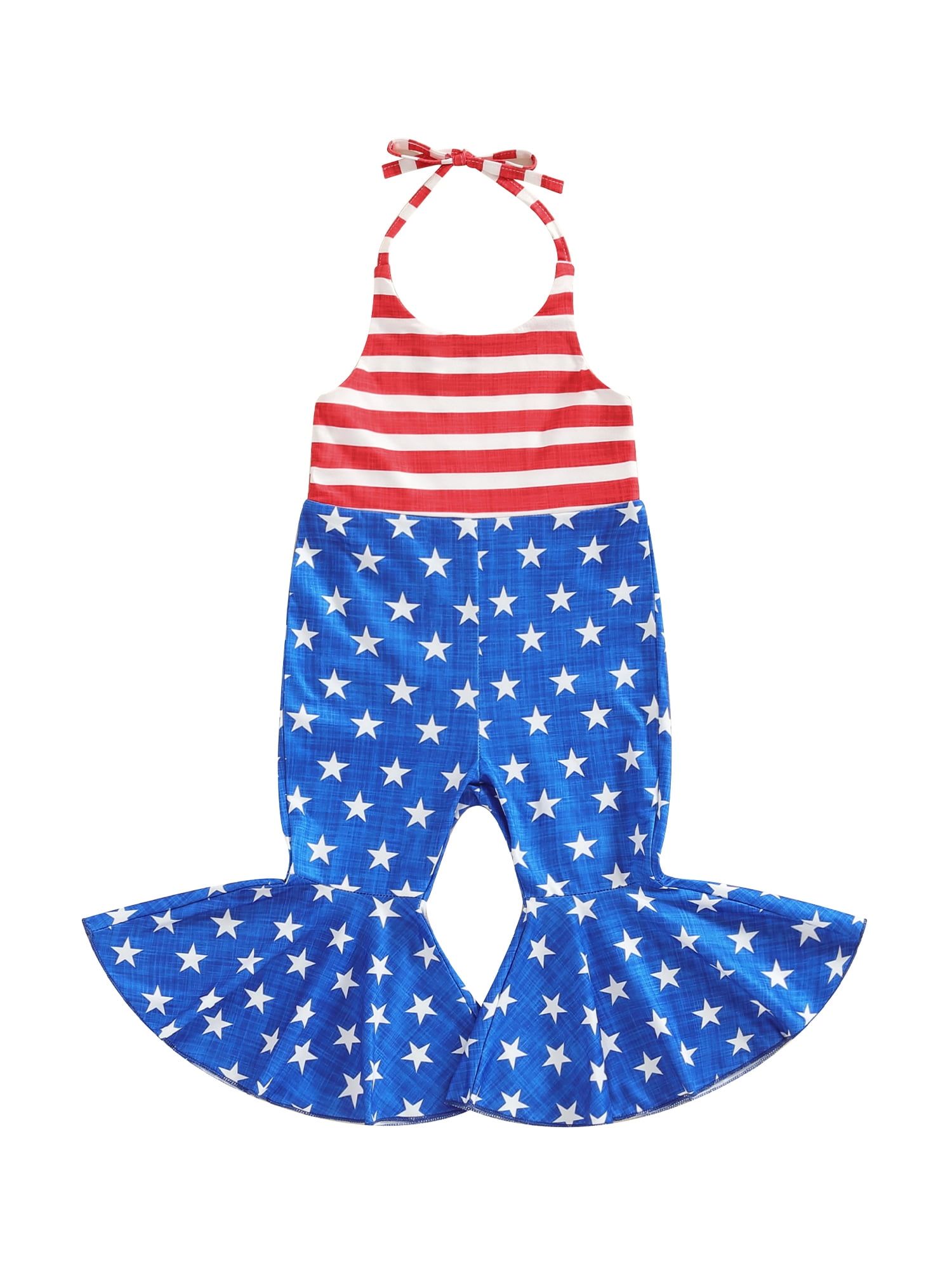 Louatui Toddler Baby Girl 4th of July Bell-Bottom Outfits Stripe Star Print Flare Romper One ...
