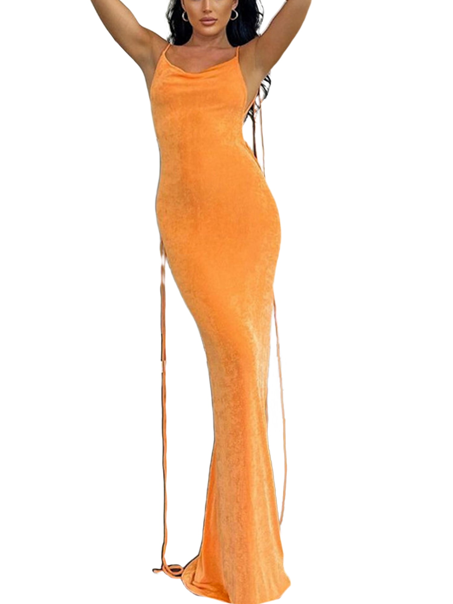 Louatui Women Backless Maxi Gown Solid Color Sleveeless Halter Neck ...