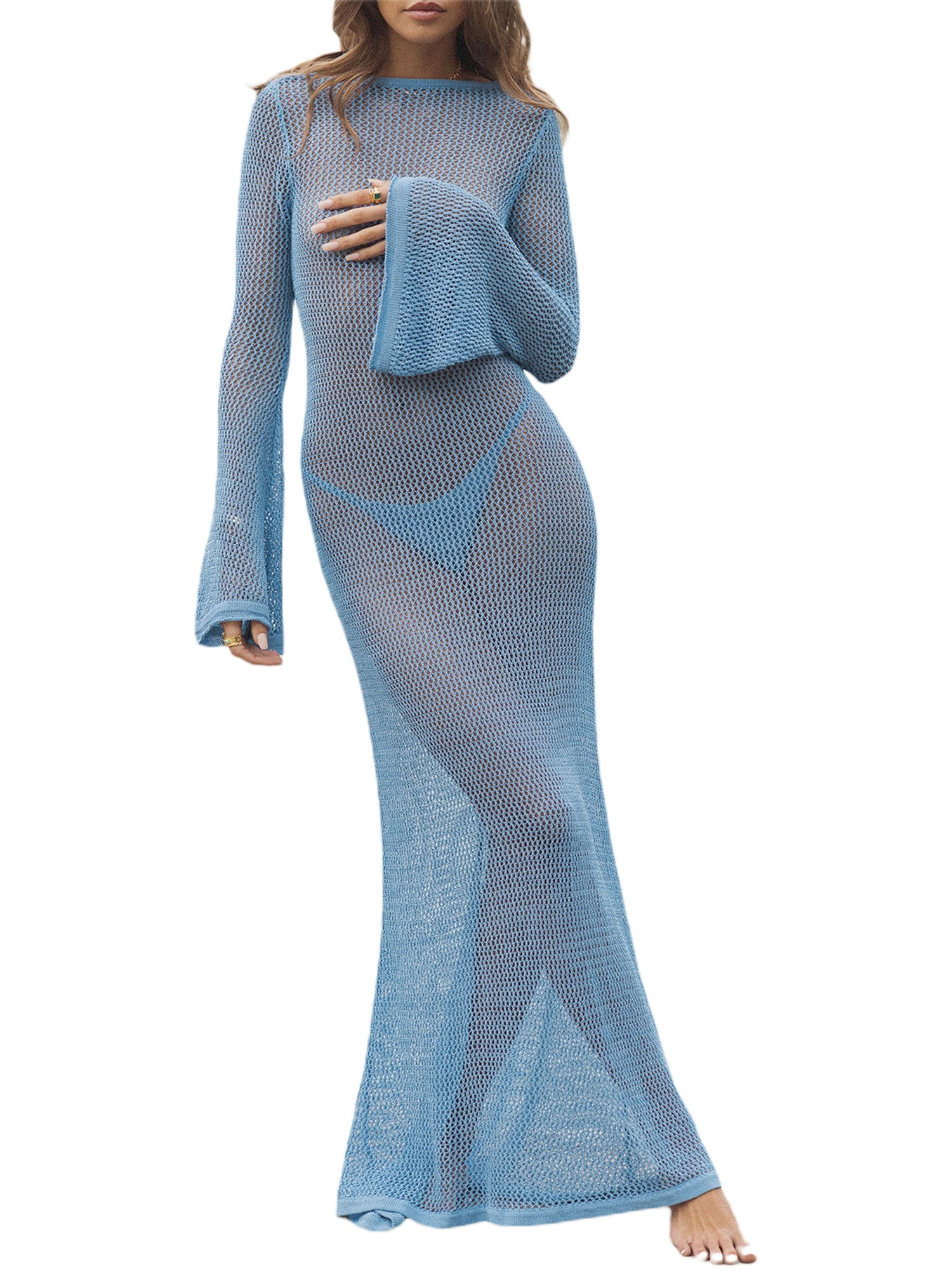 Louatui Women Crochet Cover Up Dress See Through Hollow Out Knit Flared ...