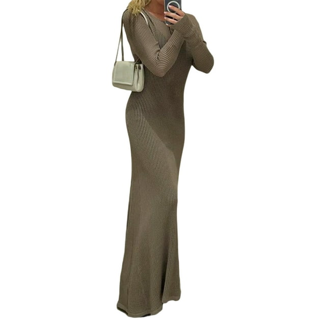 Louatui Women Crochet Cover Up Dress See Through Long Sleeve Hollow Out ...