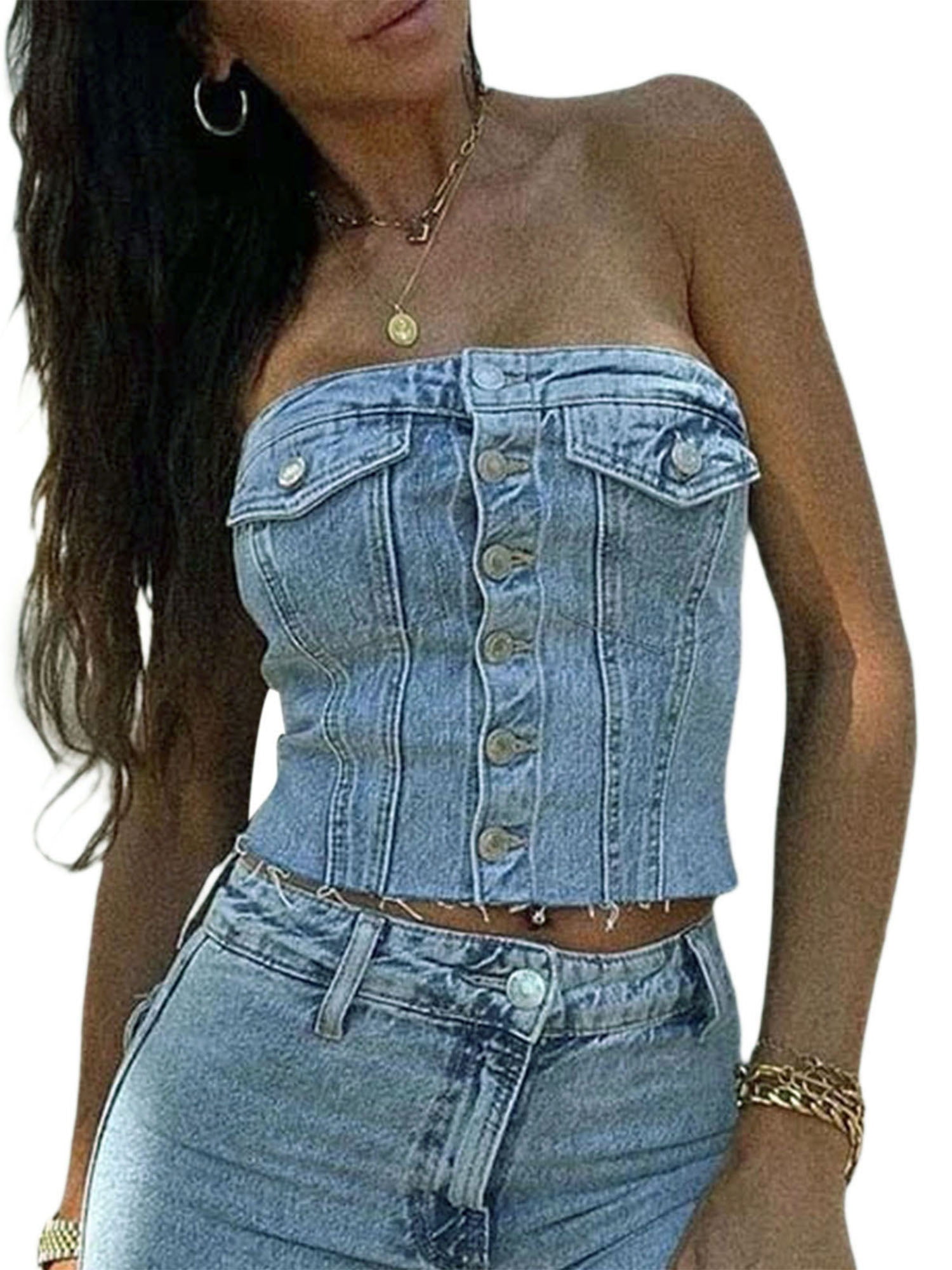 Louatui Women Denim Going Out Tank Top Off Shoulder Sleeveless Buttons ...