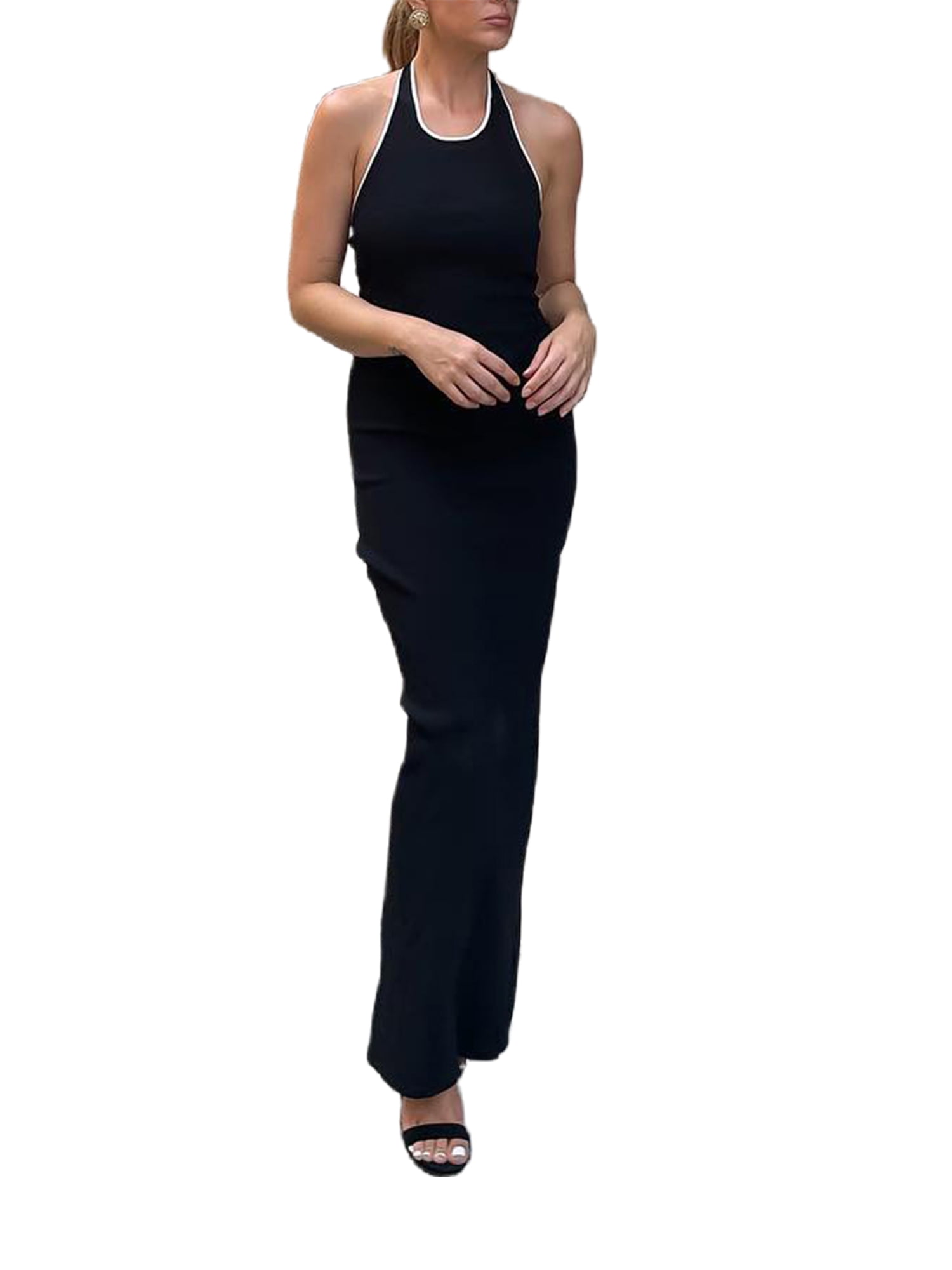 Louatui Women Slim Fit Maxi Knit Dress Halter Neck Backless Sleeveless ...