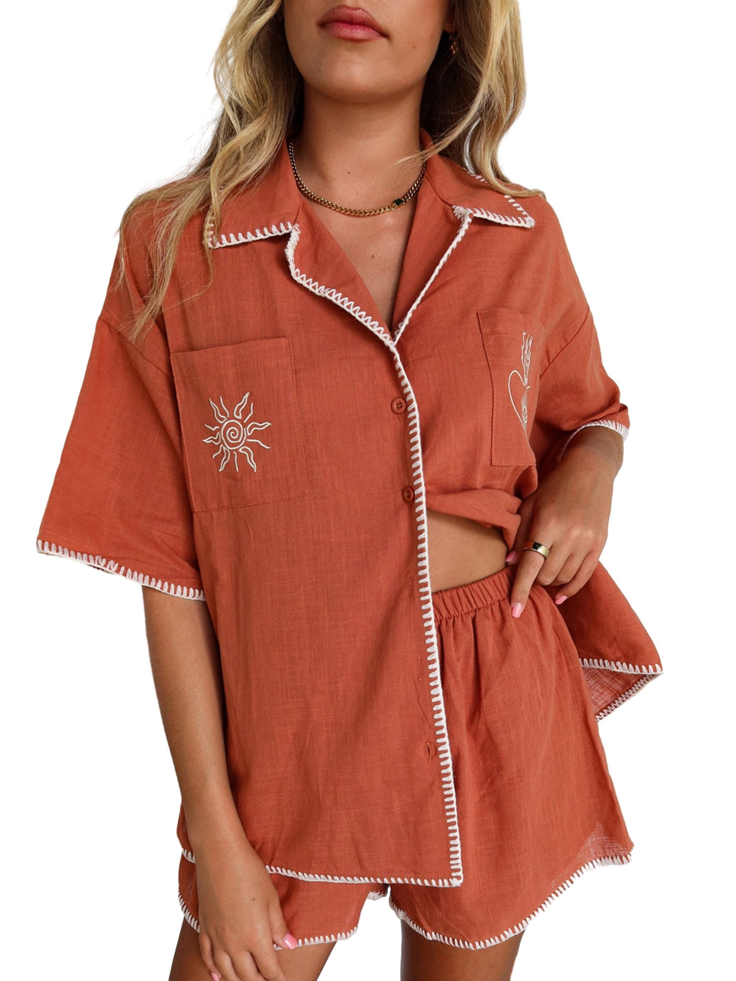 Louatui Women Summer Vocation 2 Piece Outfits Embroidery Short Sleeve ...