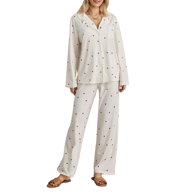 Louatui Women Valentine Pajama Set Heart Print Long Sleeve Button Shirt ...