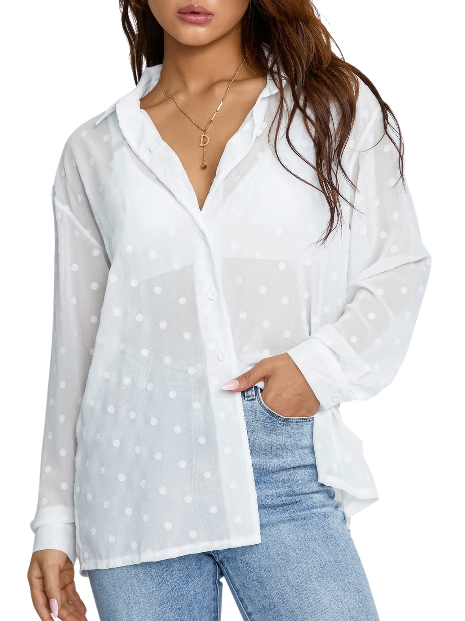 Louatui Women's Summer Button Down Shirt Tops Mesh Sheer Polka Dots ...