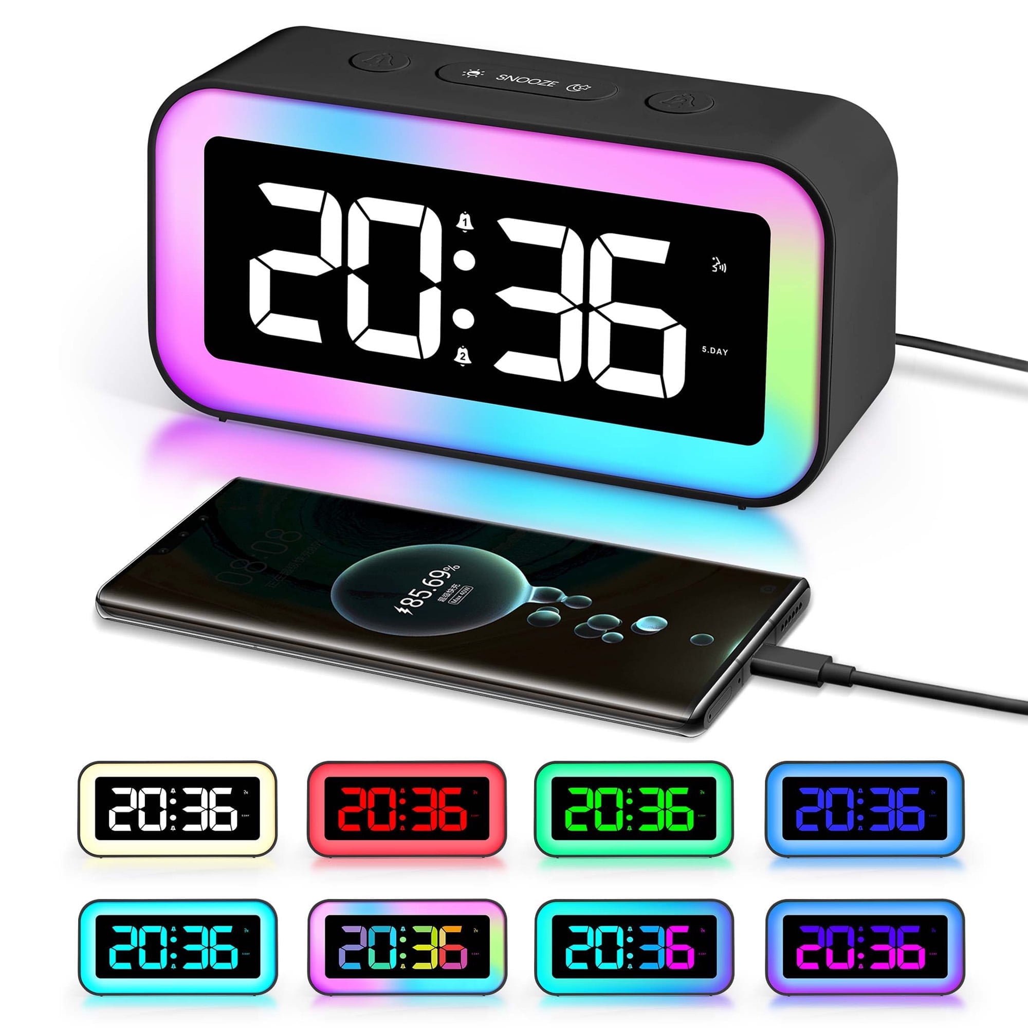Loud Digital Alarm Clock with Dynamic RGB 8 Colors Night Light for ...