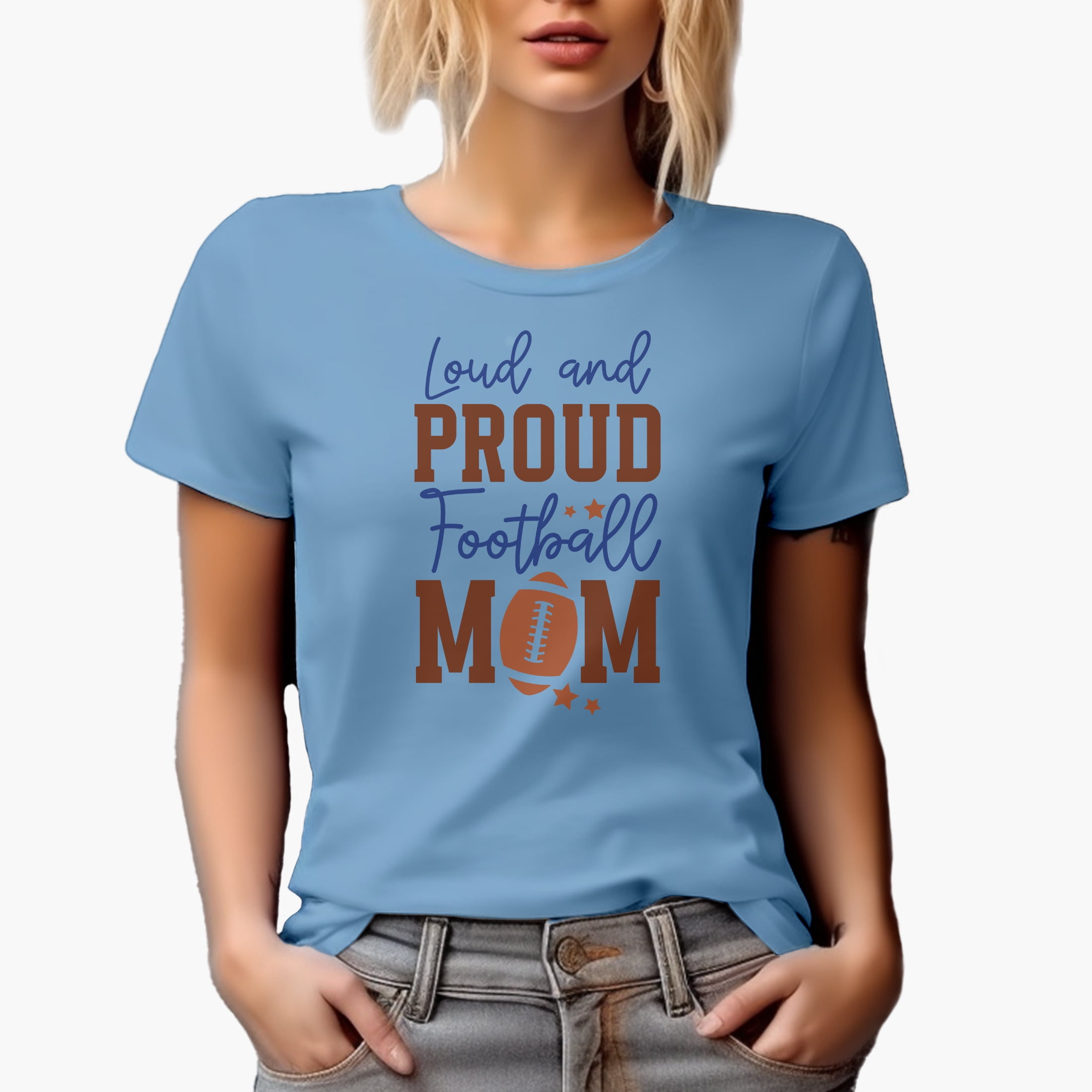 Loud and Proud Football Mom with Ball Art Merch Gift, Baby Blue T-Shirt ...
