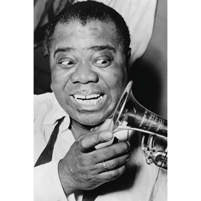 Louis Armstrong smiling at trumpet b/w 24x36 Poster - Walmart.com