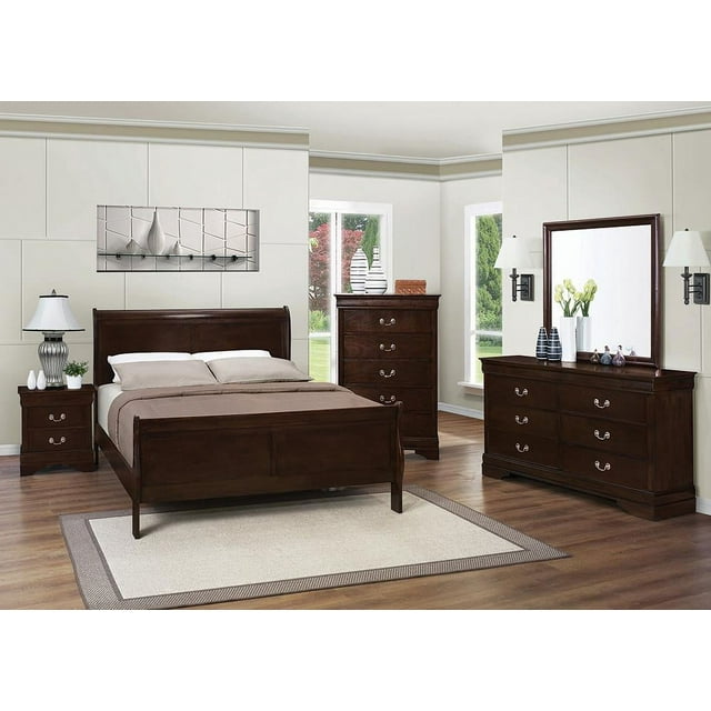 Louis Philippe Queen Sleigh Bed Frame with Dresser, High Headboard ...