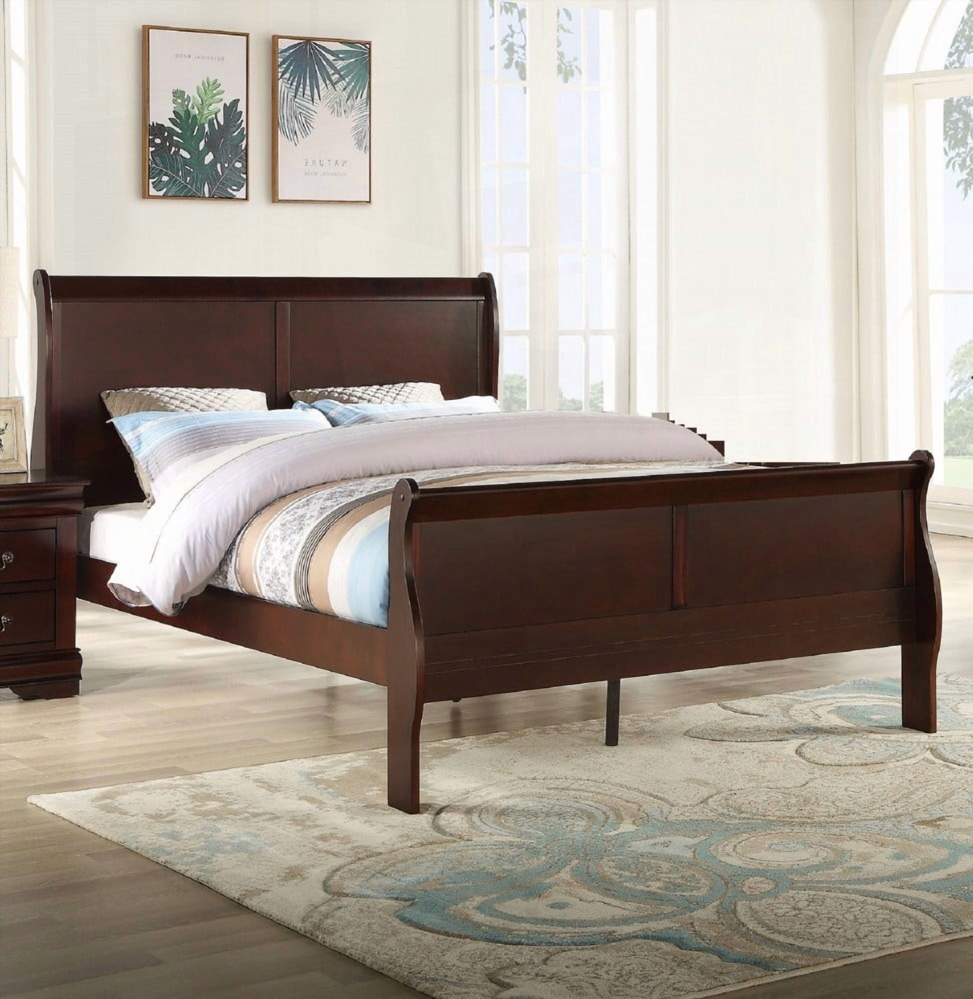 Louis Phillipe King Size Panel Sleigh Bed - Brown Cherry Finish and ...