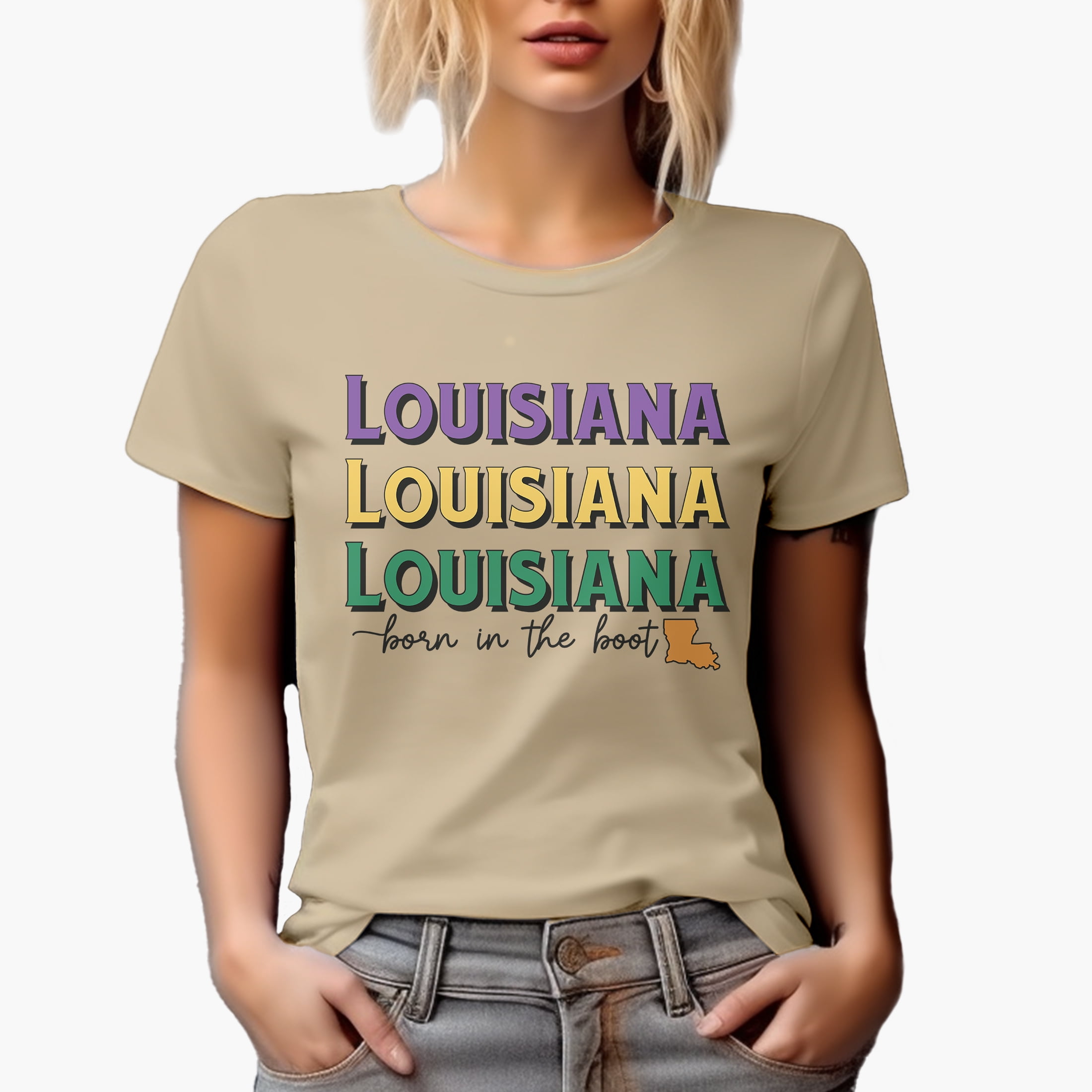 Louisiana, Born in the Boot with State Map Art Merch Gift, Tan T-Shirt ...