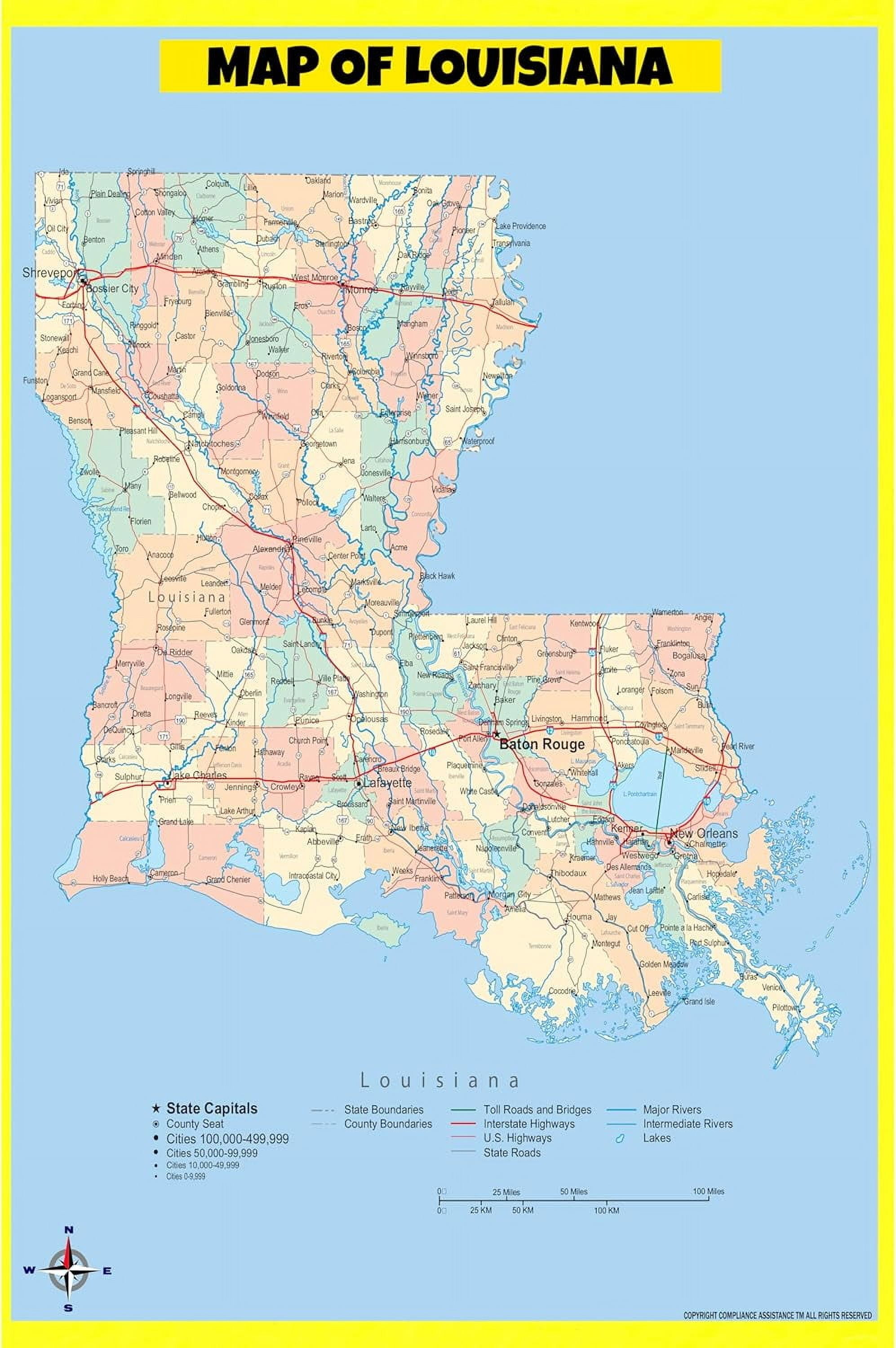 Louisiana Map Poster - Laminated Wall Map - Style A - 36x60 - Ideal for ...