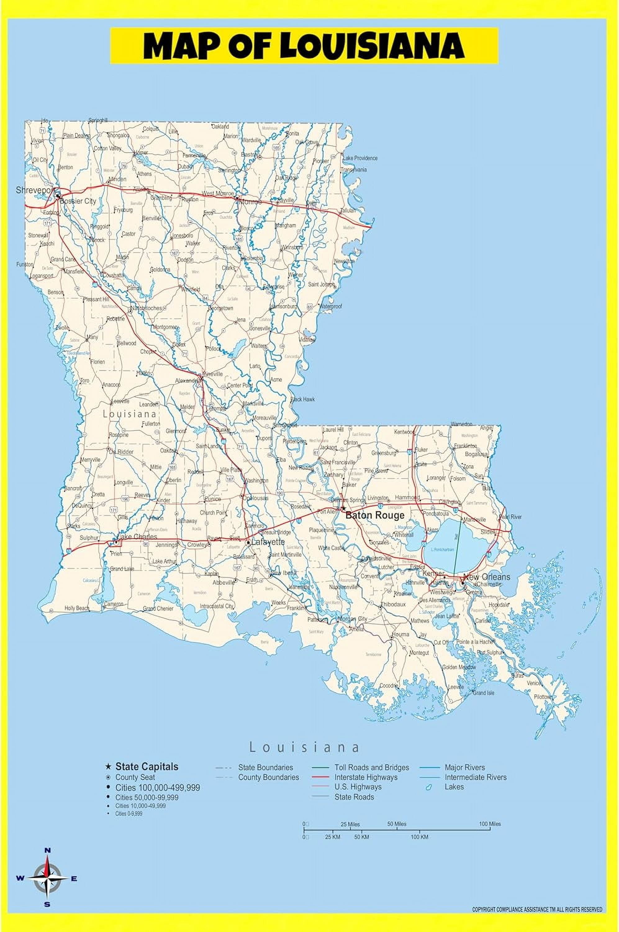 Louisiana Map Poster - Laminated Wall Map - Style B - 24x36 - Ideal for ...