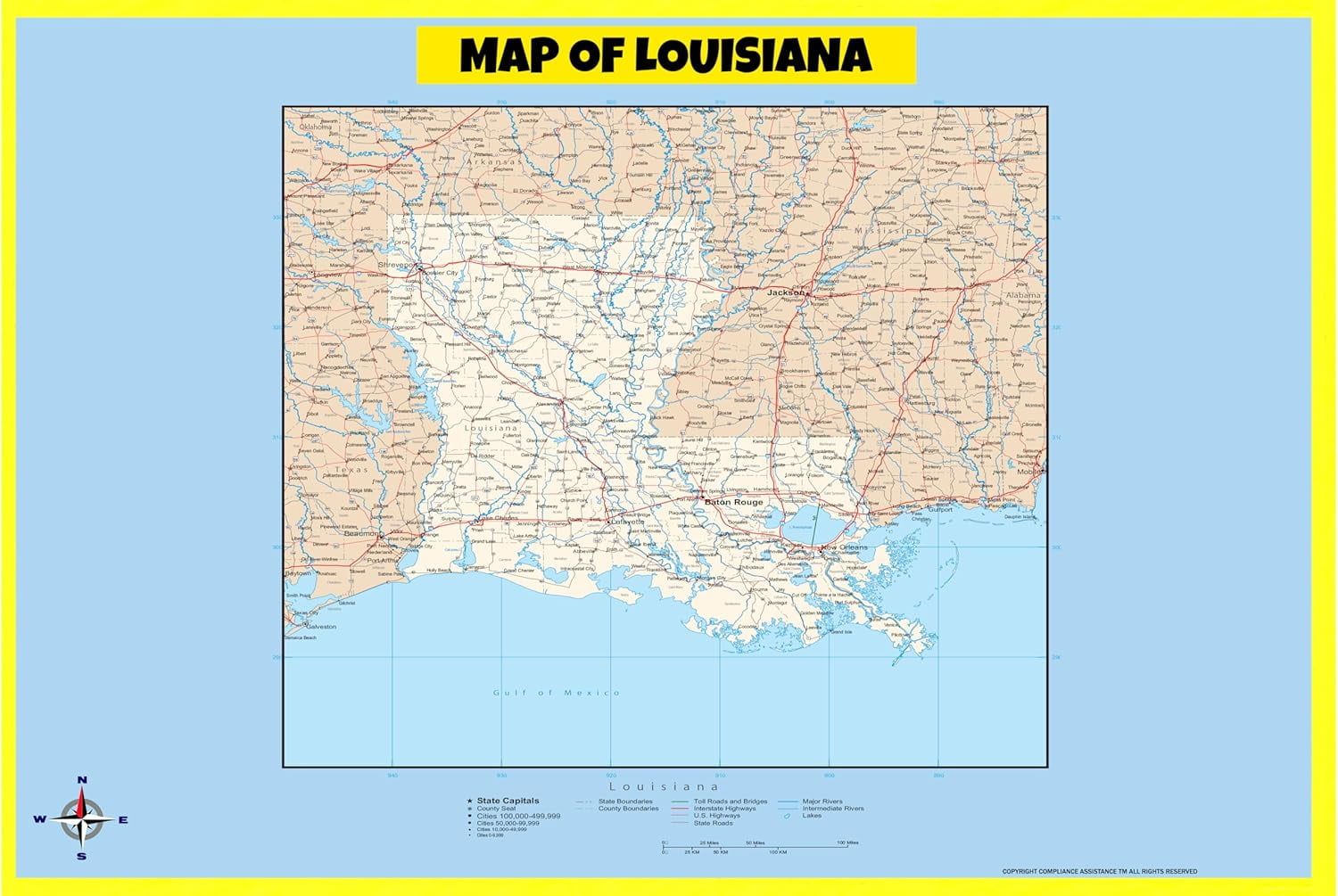 Louisiana Map Poster - Laminated Wall Map - Style D - 36x60 - Ideal for ...