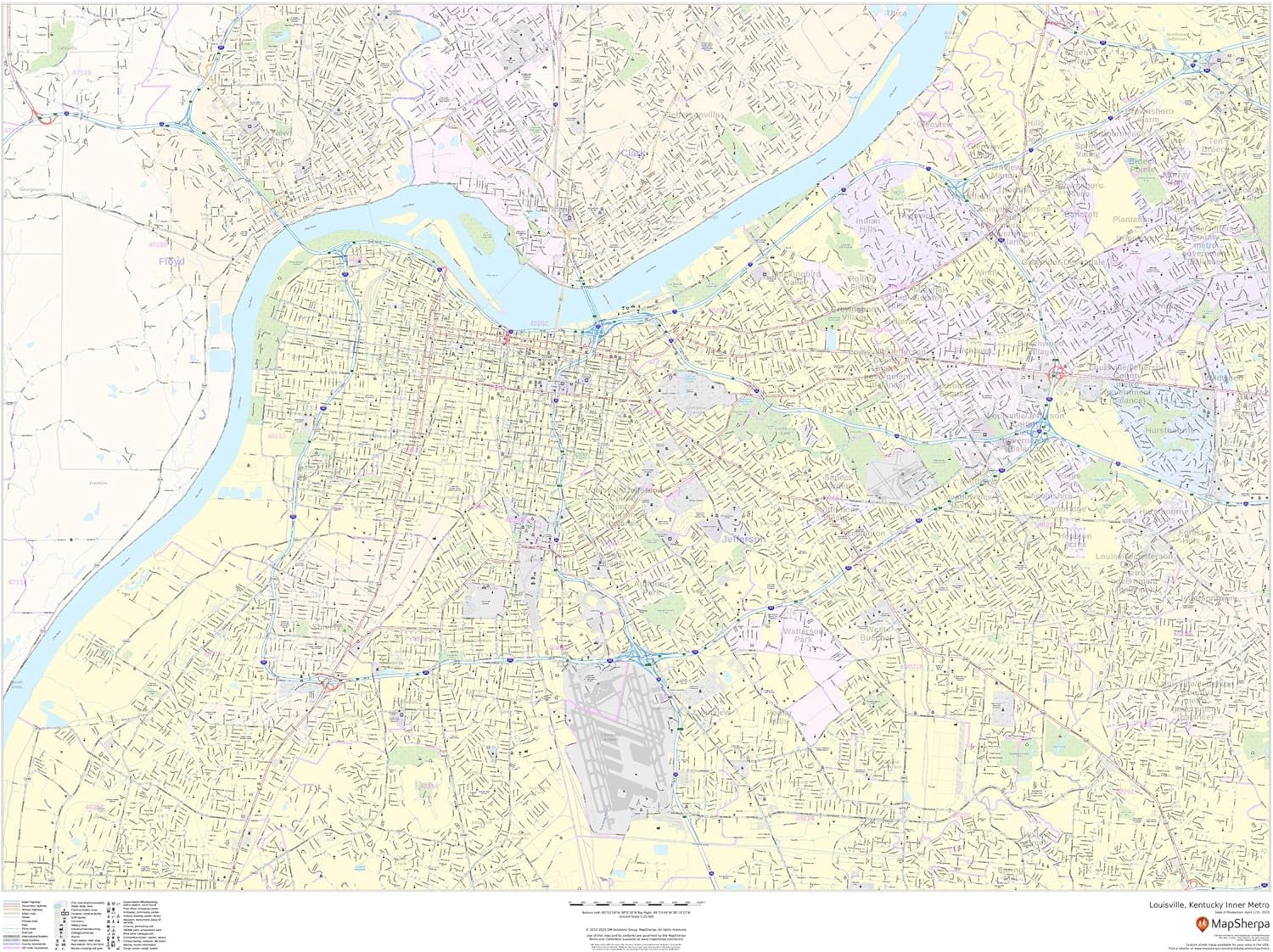 Louisville, Kentucky Inner Metro - Landscape - 48" x 36" Laminated Wall ...