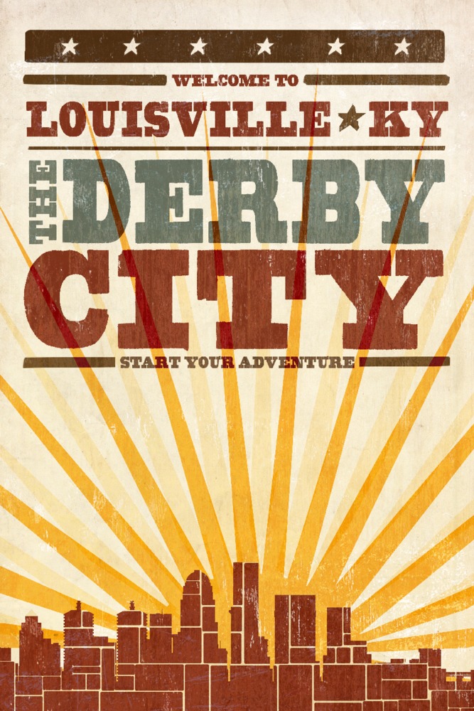 Louisville, Kentucky, Skyline and Sunburst Screenprint Style (16x24 ...
