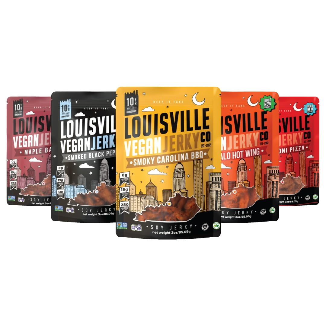 Louisville Vegan Jerky - Variety Pack, Vegan Jerky, 15-21 Grams of Protein, Gluten-Free ...