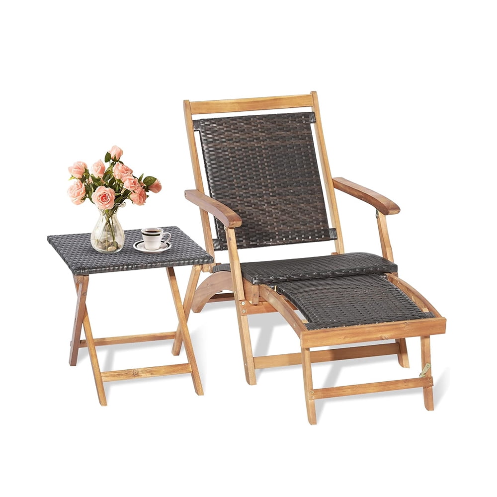 Lounge Chair Table Set, Outdoor Wood Chaise Lounge with Wicker Side ...