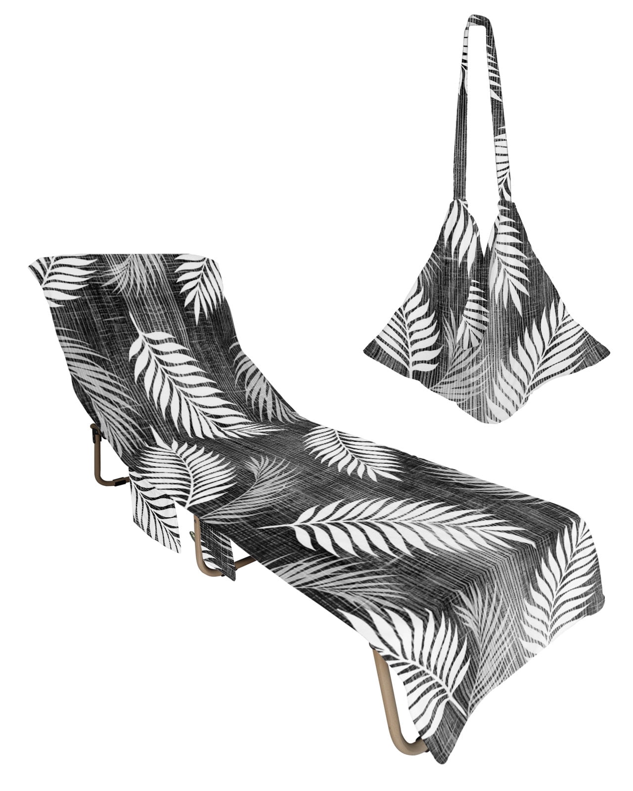 Lounge Chair Towel Cover Black Linen Palm Leaves Chaise Lounge Towel ...