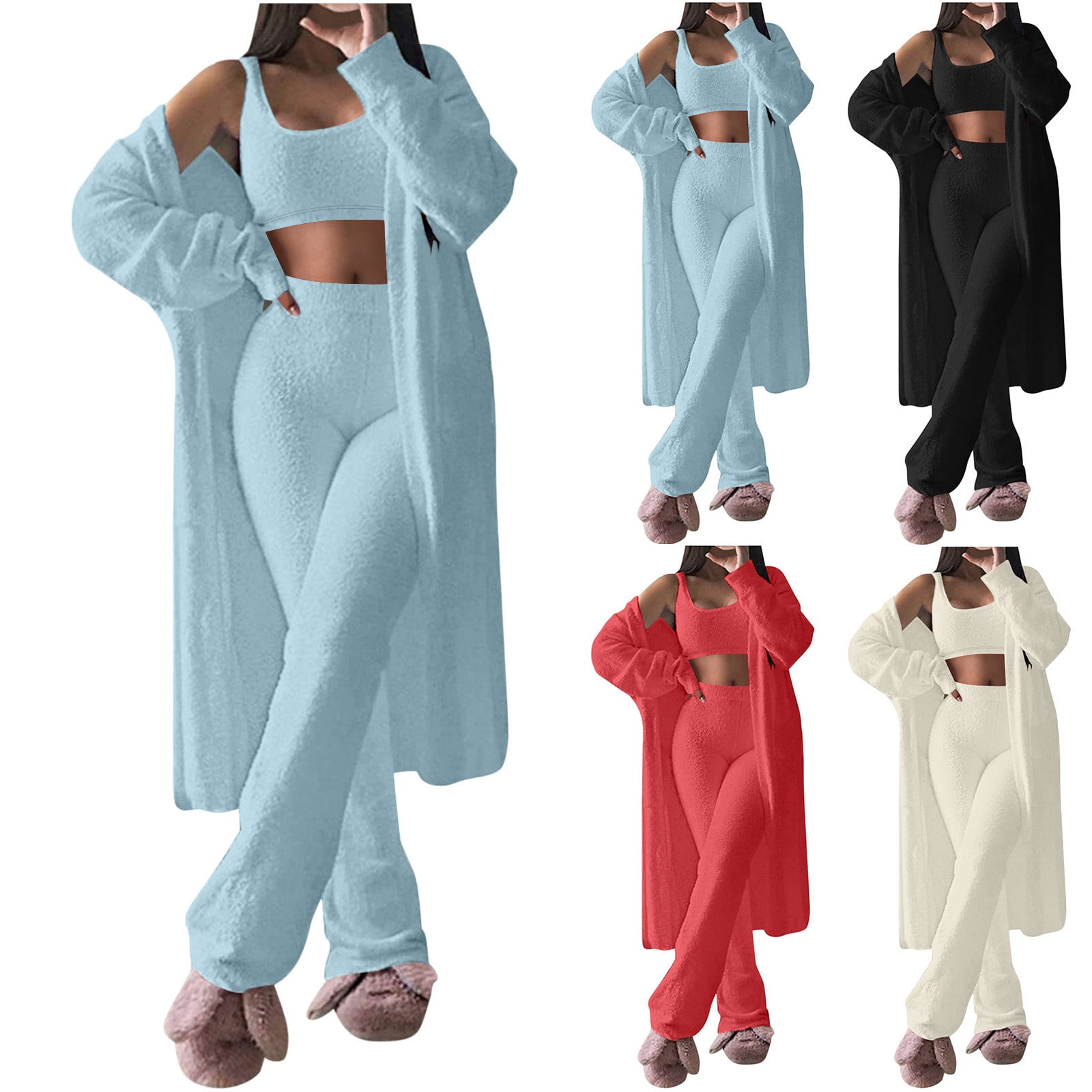 Lounge Sets for Women Teddy Vest Plush Cardigan Fuzzy Elastic Waist ...