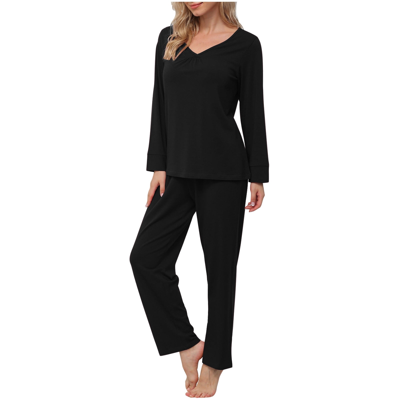 Lounge Sets Womens Soft Cotton Pajama Loungewear V Neck Long Sleeve T ...