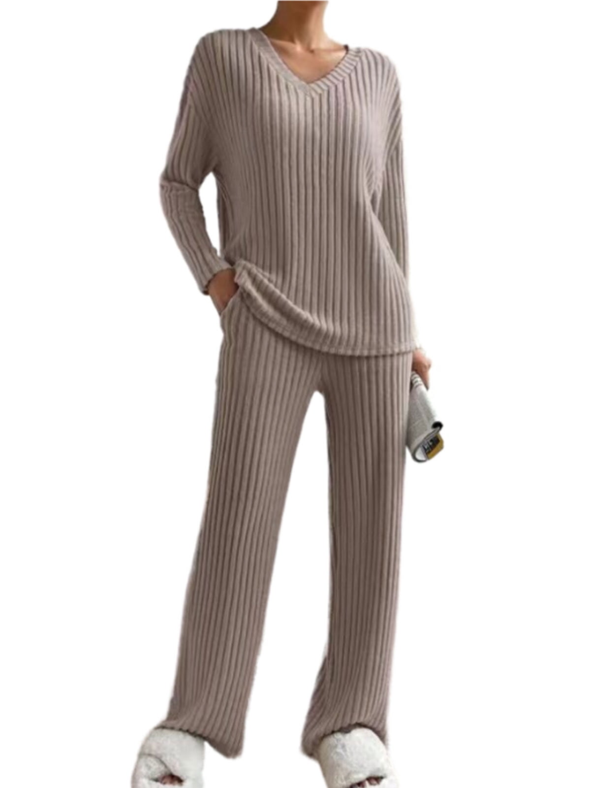 Lounge Sets for Women Ribbed Knit Outfits Pajamas Sets 2 Piece Long ...