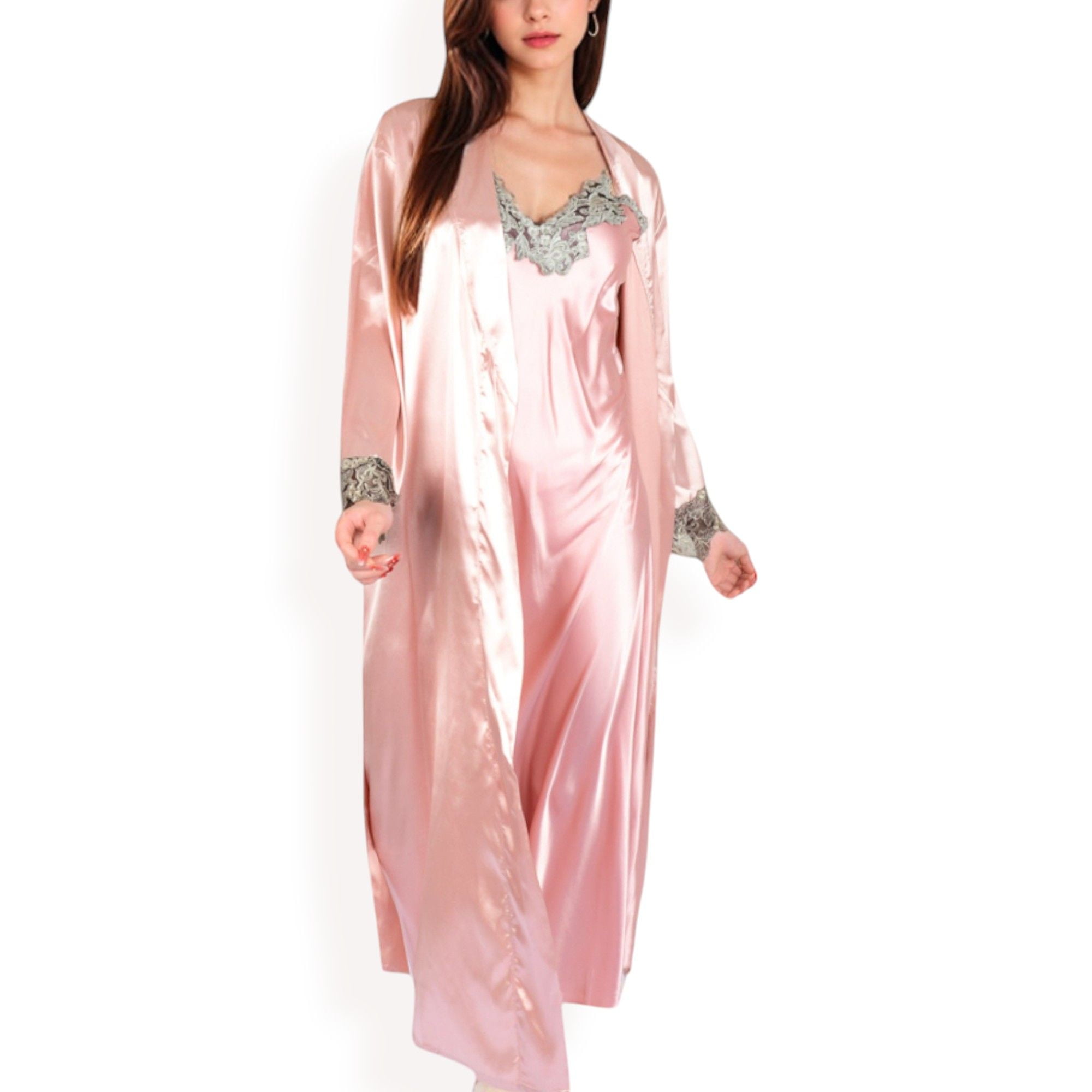 Lounge Women's Satin Long Robe and Lace Trim Nightgown Set- Pink,Large ...