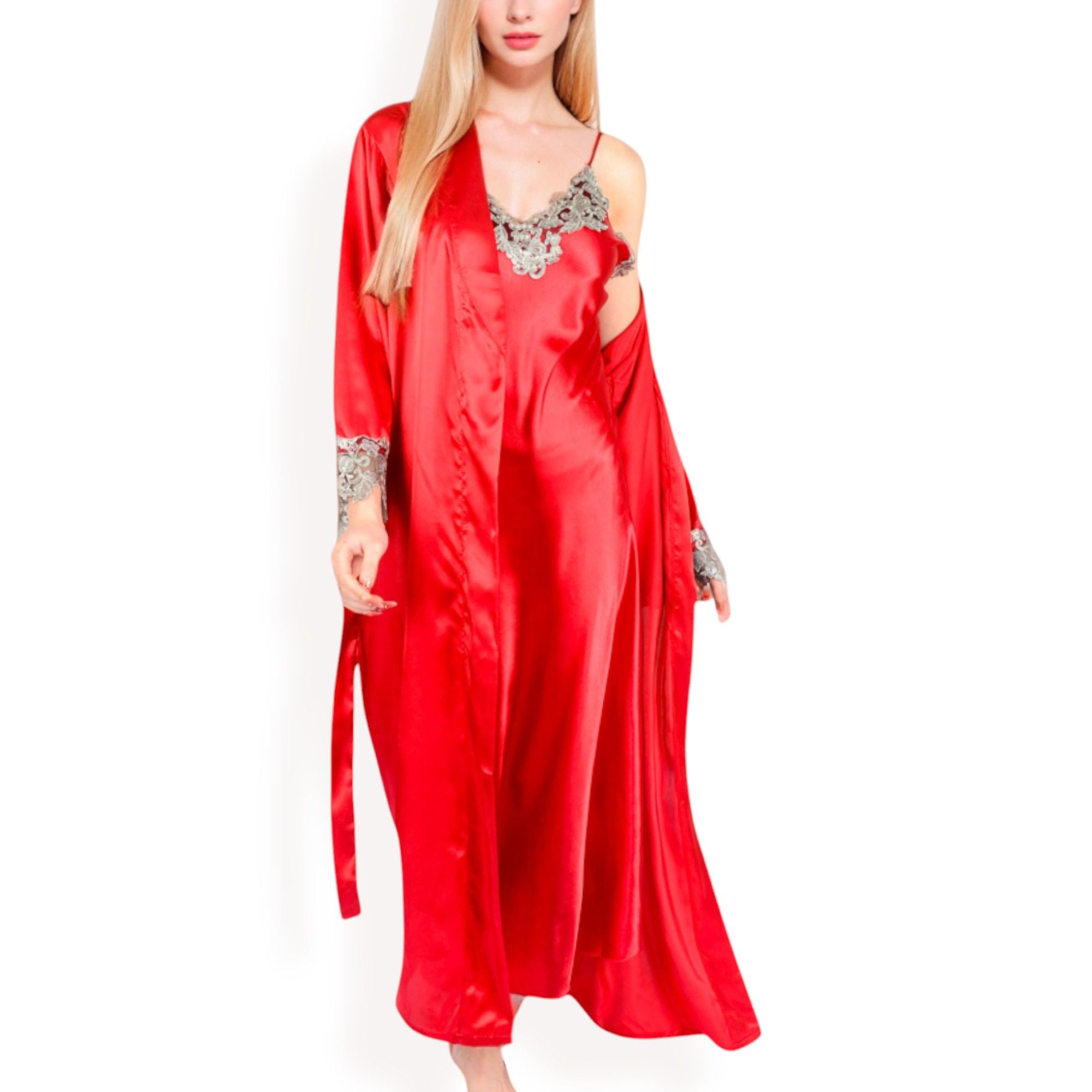 Lounge Women's Satin Long Robe and Lace Trim Nightgown Set- Red,Small ...