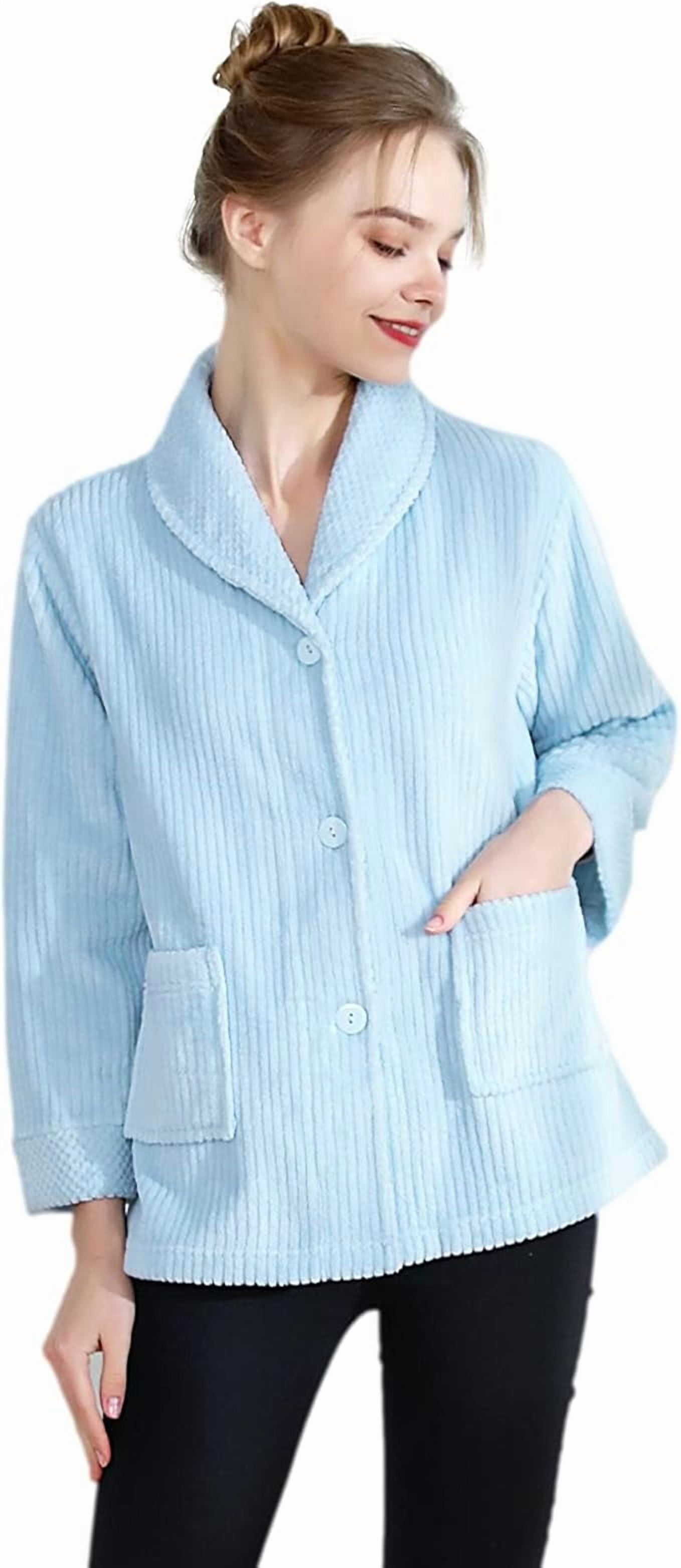 Loungees Women's Drop Needle Coral Fleece Shawl Collar Button Front Bed ...