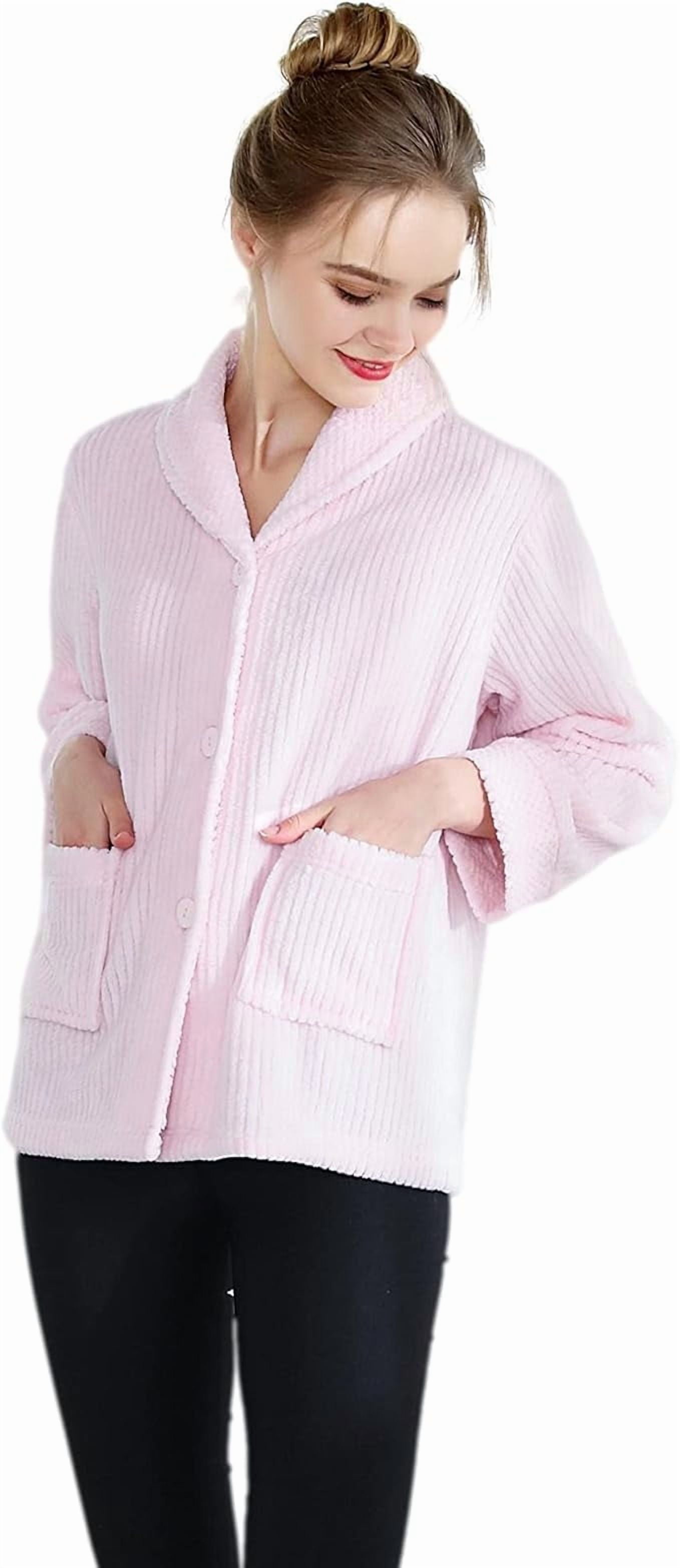 Loungees Women's Drop Needle Coral Fleece Shawl Collar Button Front Bed ...