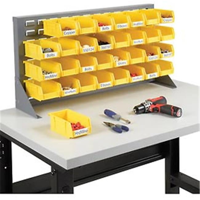 Louvered Bench Rack with 32 of Yellow Premium Stacking Bins - Gray ...