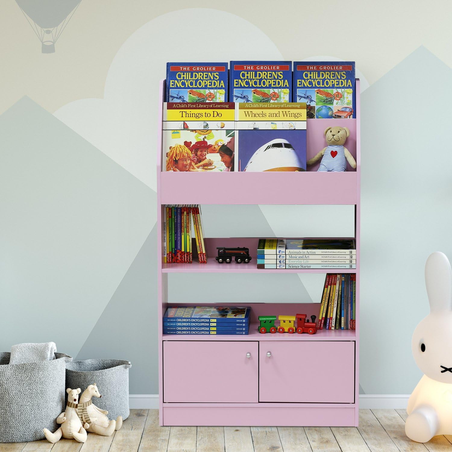Lova Magazine/Bookshelf with Storage Cabinet, Pink, 9.45D x 24.57W x 43 ...