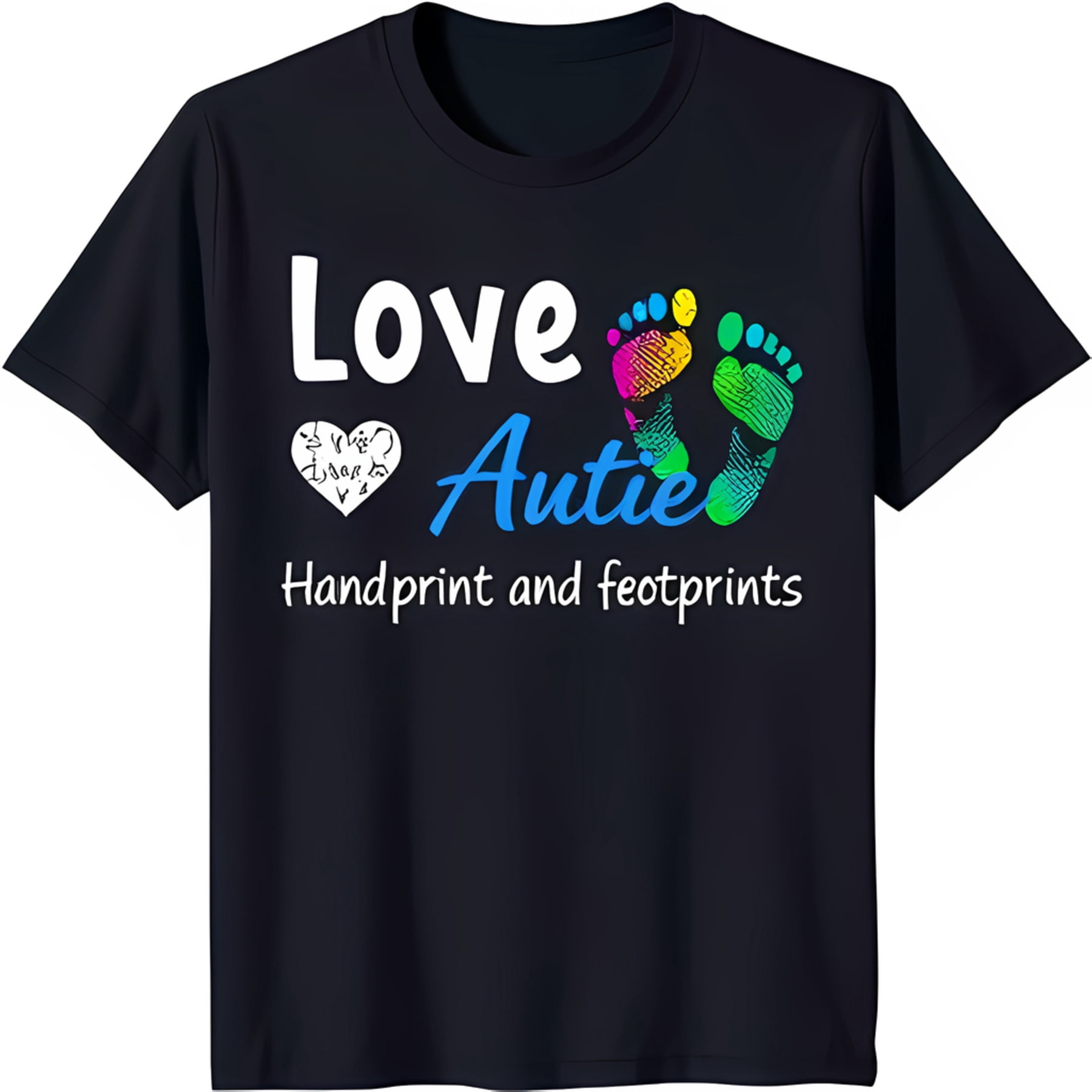 Love Autie Black T-Shirt with Colorful Handprints & Footprints Design ...
