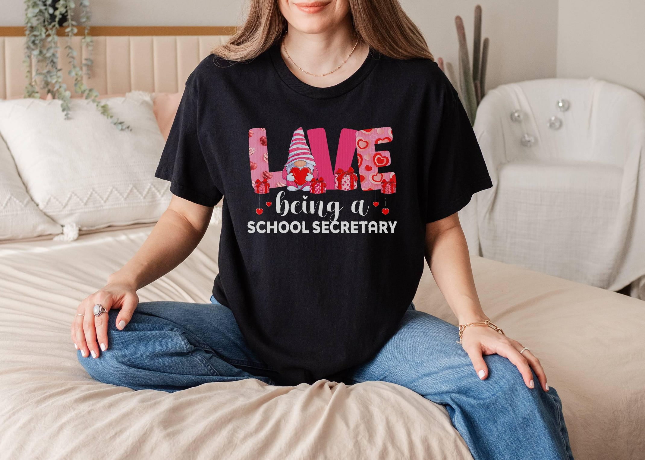 Love Being a School Secretary T-Shirt - Valentine Gnome Graphic Tee ...