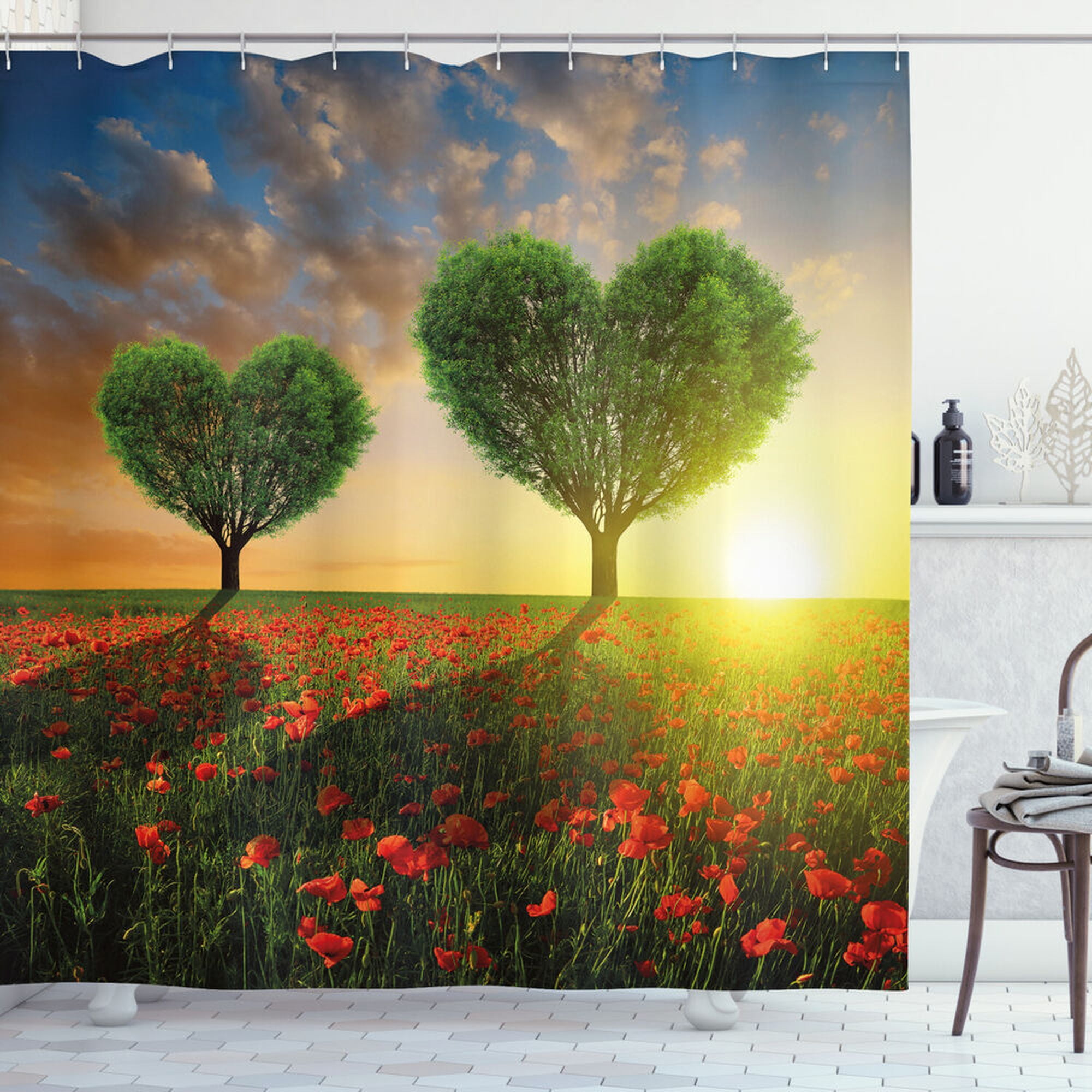 Love Blossom Valentine Shower Curtain Romantic Poppies And Heart Trees